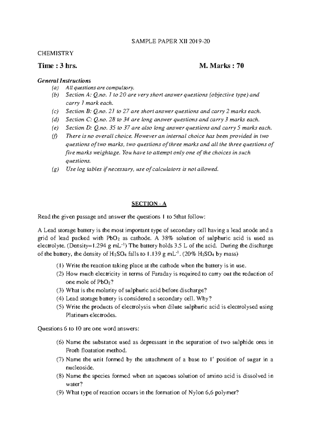 Chemistry Sample Question Paper 2020 - SAMPLE PAPER XII 2019- 20 ...