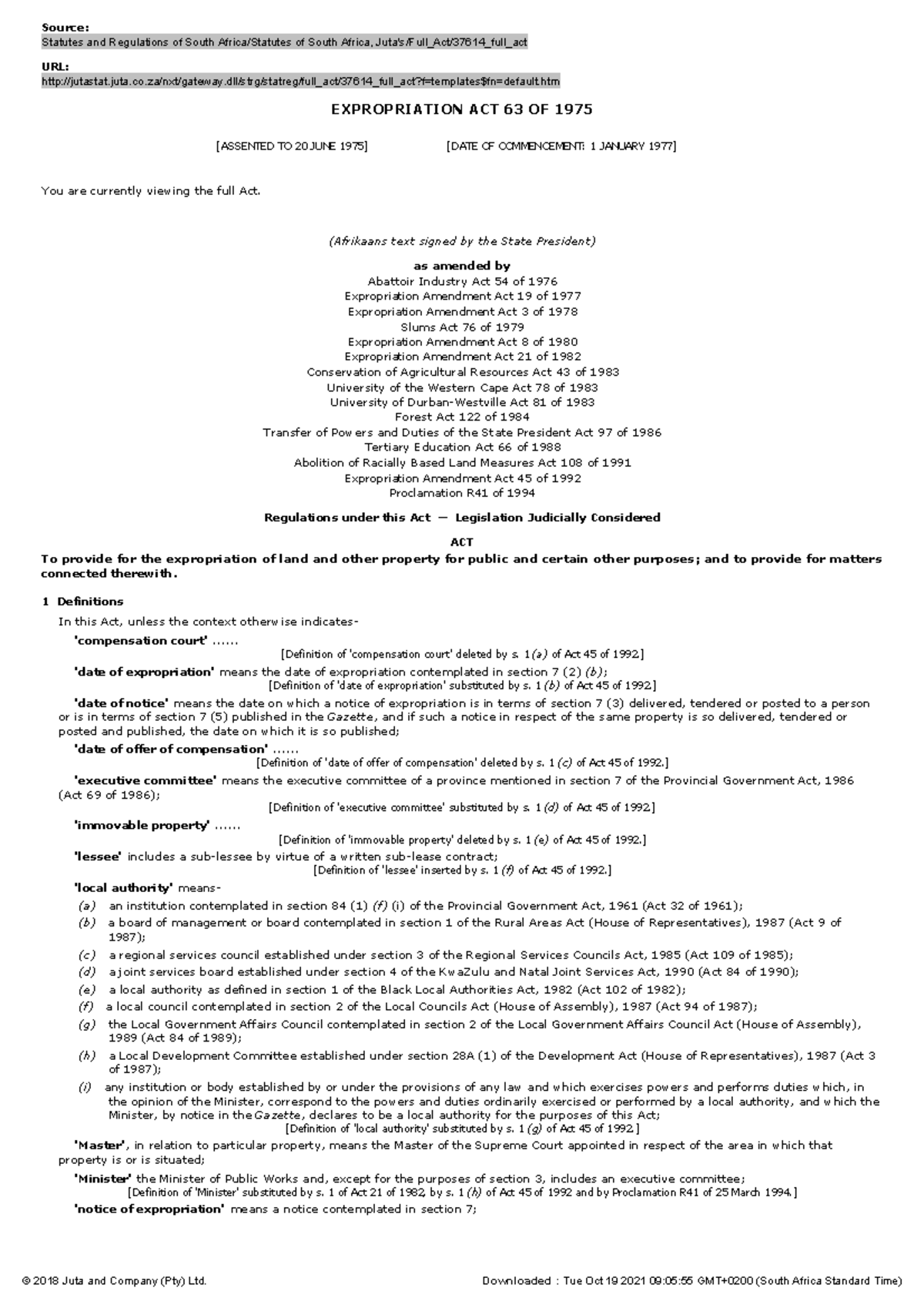 Expropriation ACT 63 OF 1975 - - Studocu