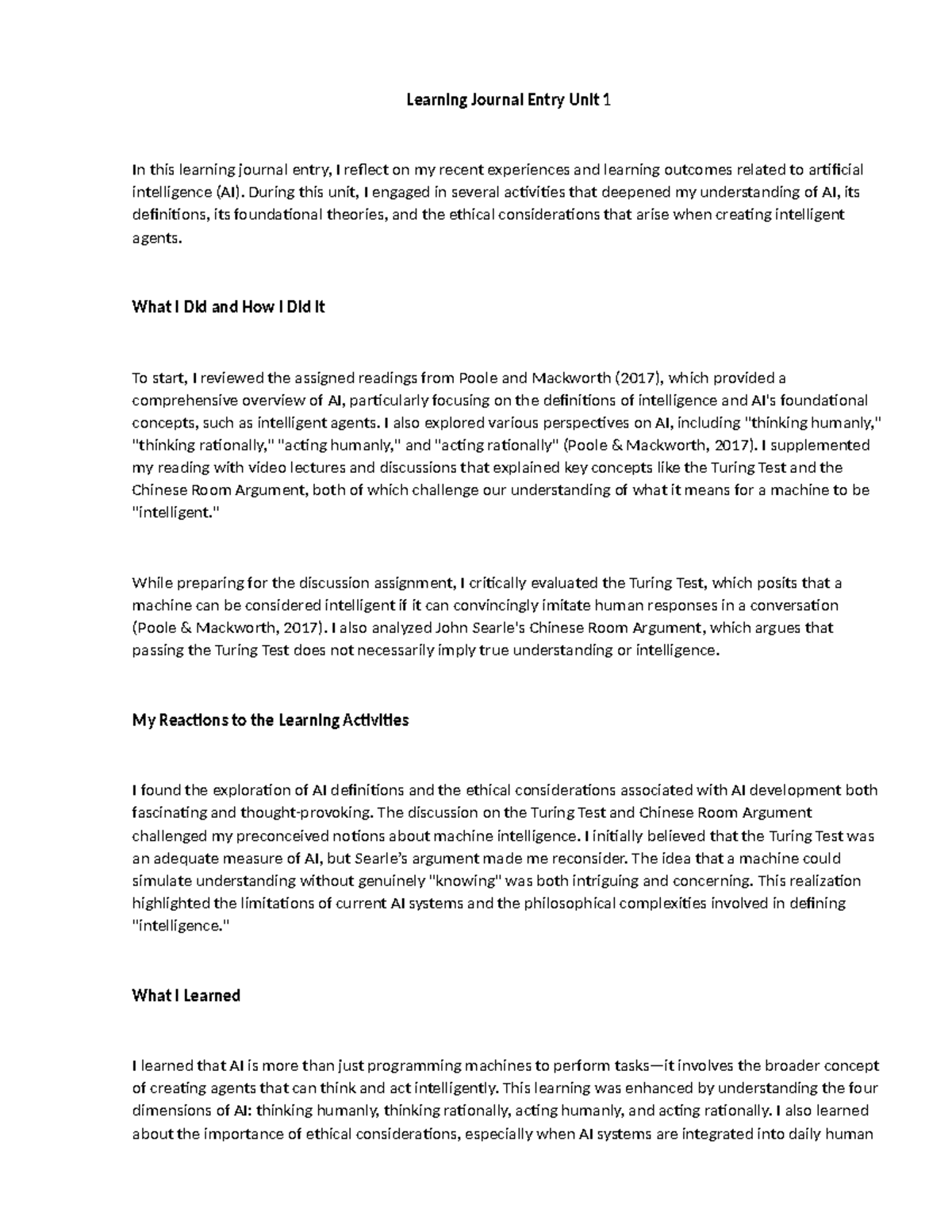 CS 4408 learning journal unit 1 - Learning Journal Entry Unit 1 In this ...