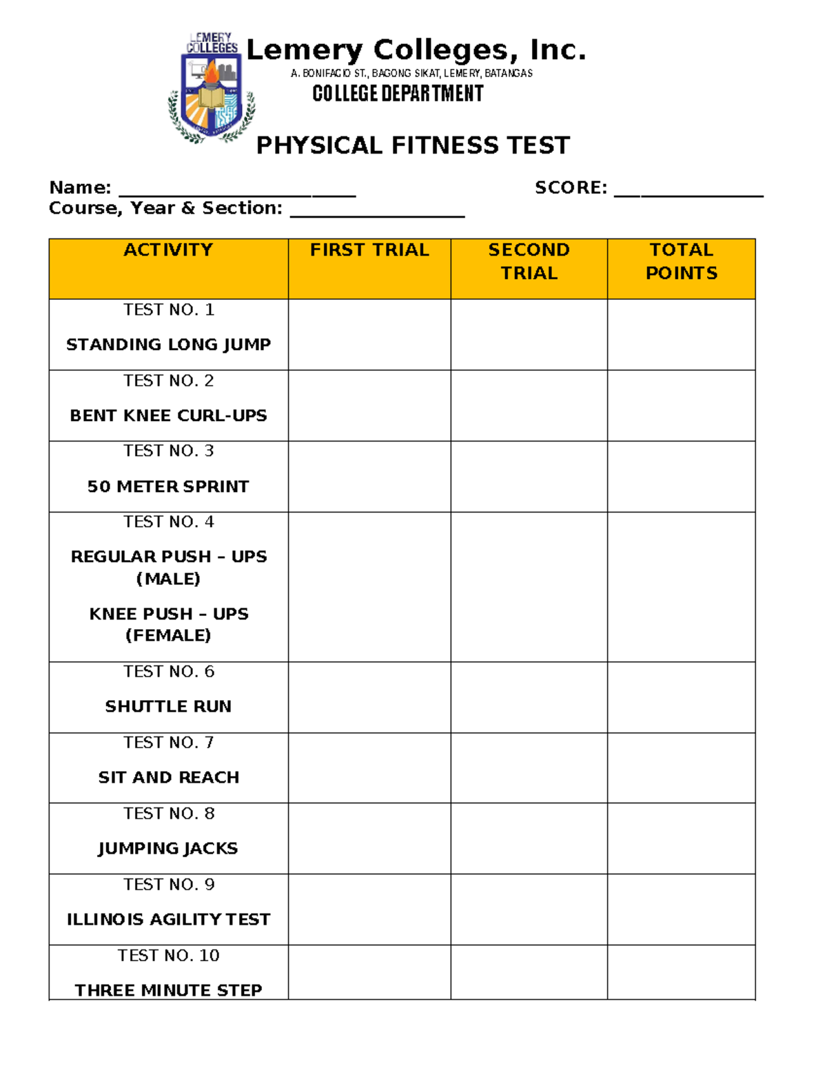 FORM- Physical- Fitness-TEST - PHYSICAL FITNESS TEST Name ...