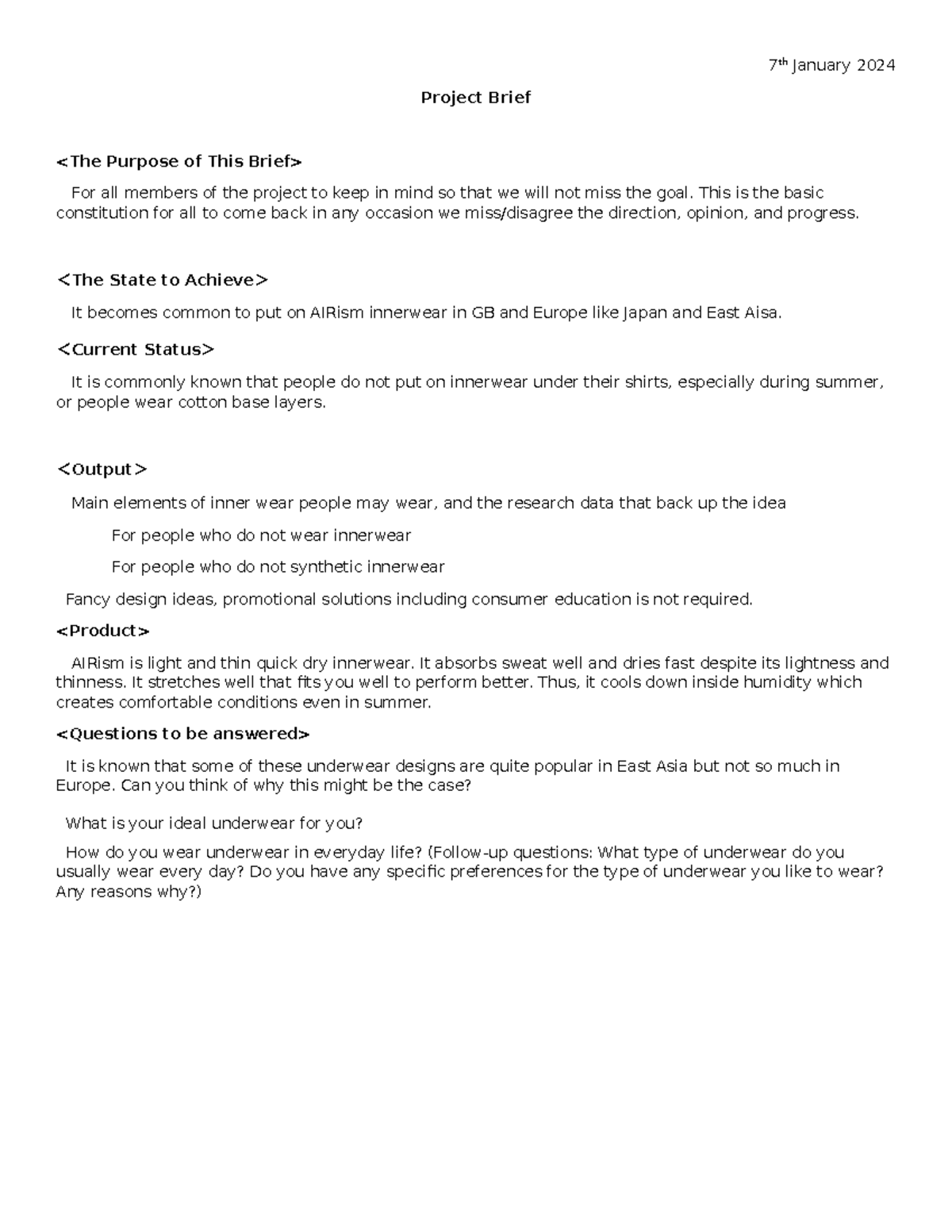 Toray brief outline - 7 th January 2024 Project Brief For all - Studocu