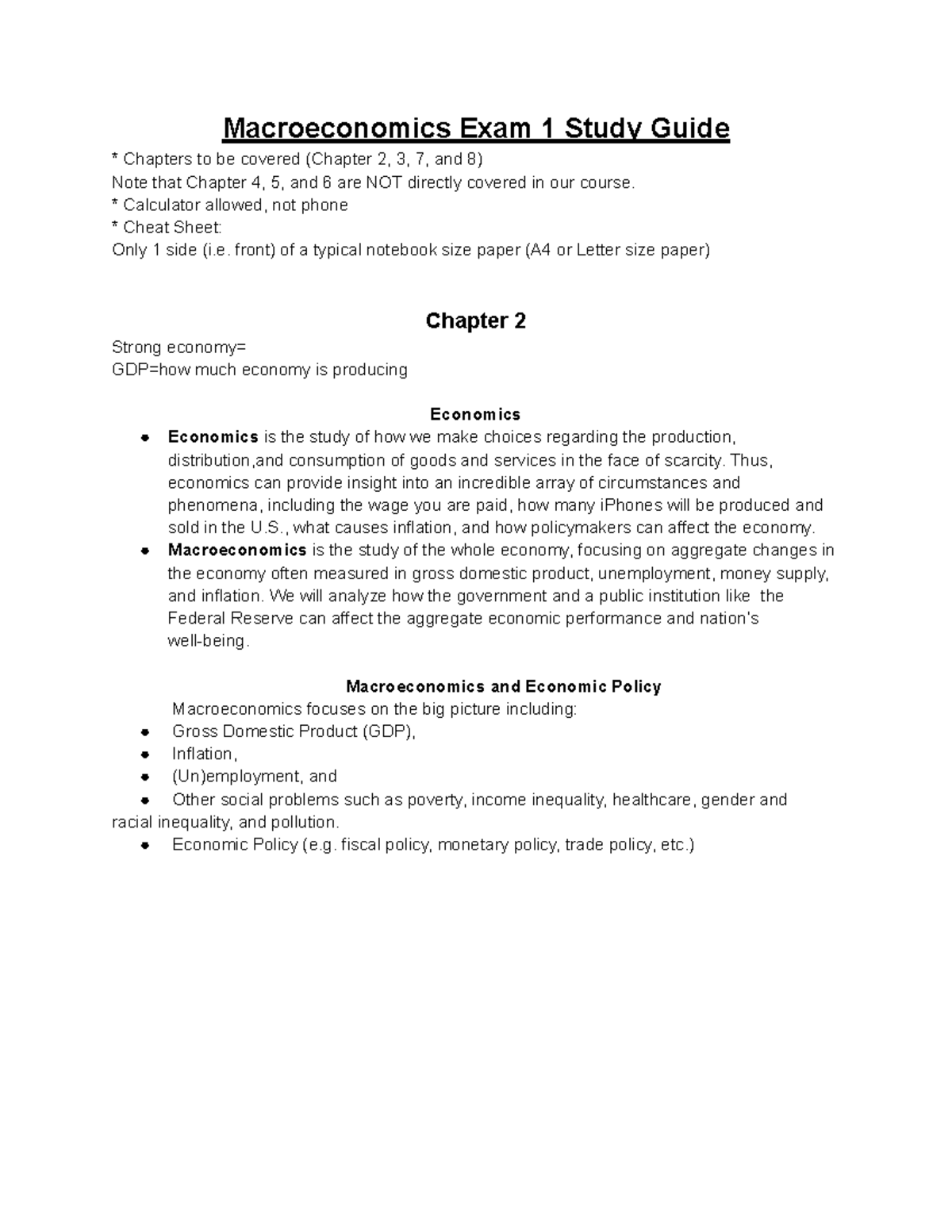 Macro 1002 - Exam 1 study guide - Macroeconomics Exam 1 Study Guide ...