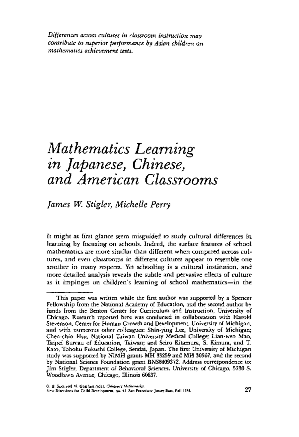 Mathematics learning in Japanes Chinese and American classrooms ...