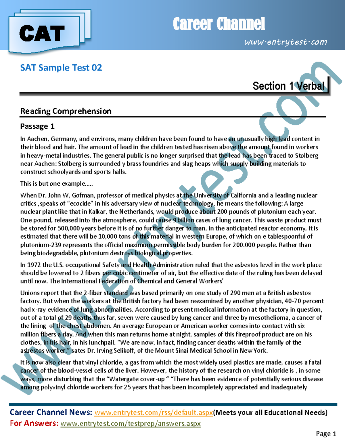 Sat sample test 02 - Scholastic Assessment Test - CAT entrytest Career ...