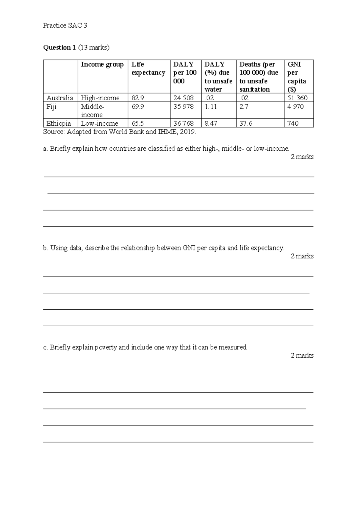 Sac practice sac - Question 1 (13 marks) Income group Life expectancy ...