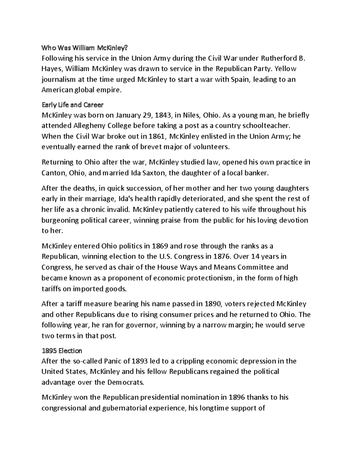 William Mckinley Notes - Who Was William McKinley? Following his ...