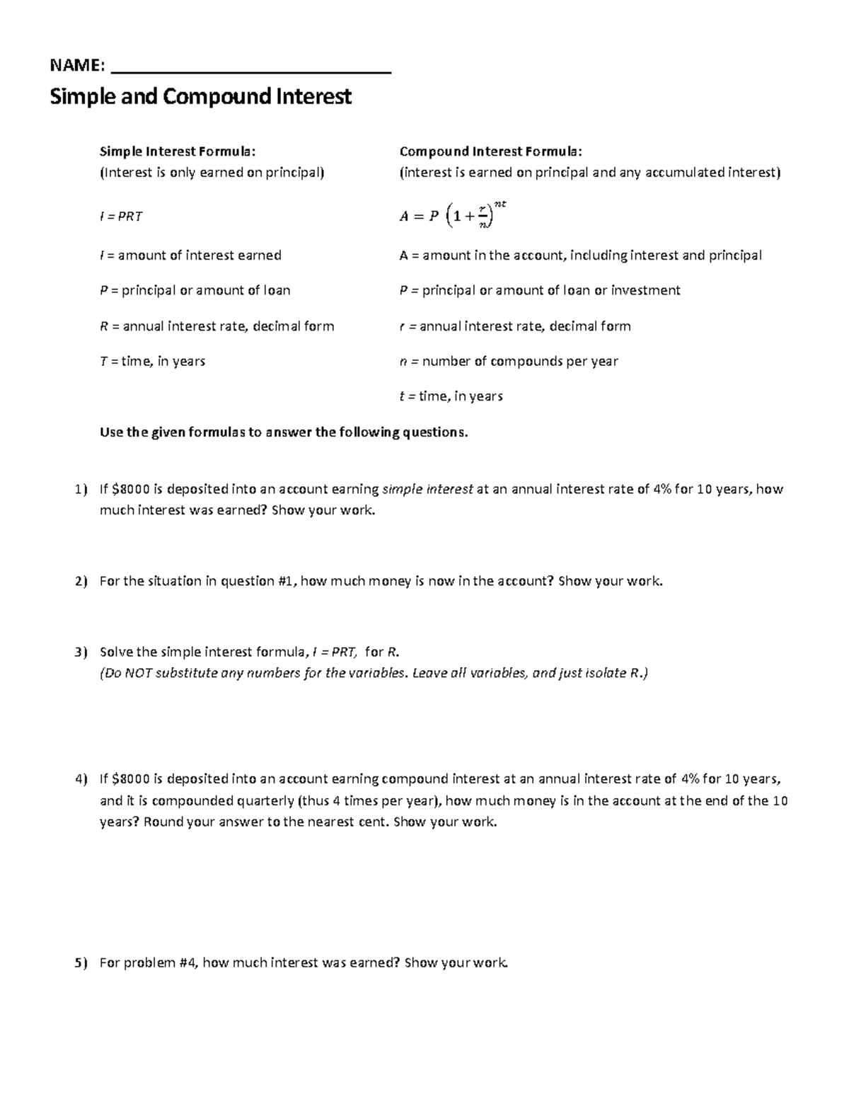 Ch 2 - Simple and Compound Interest - NAME ...