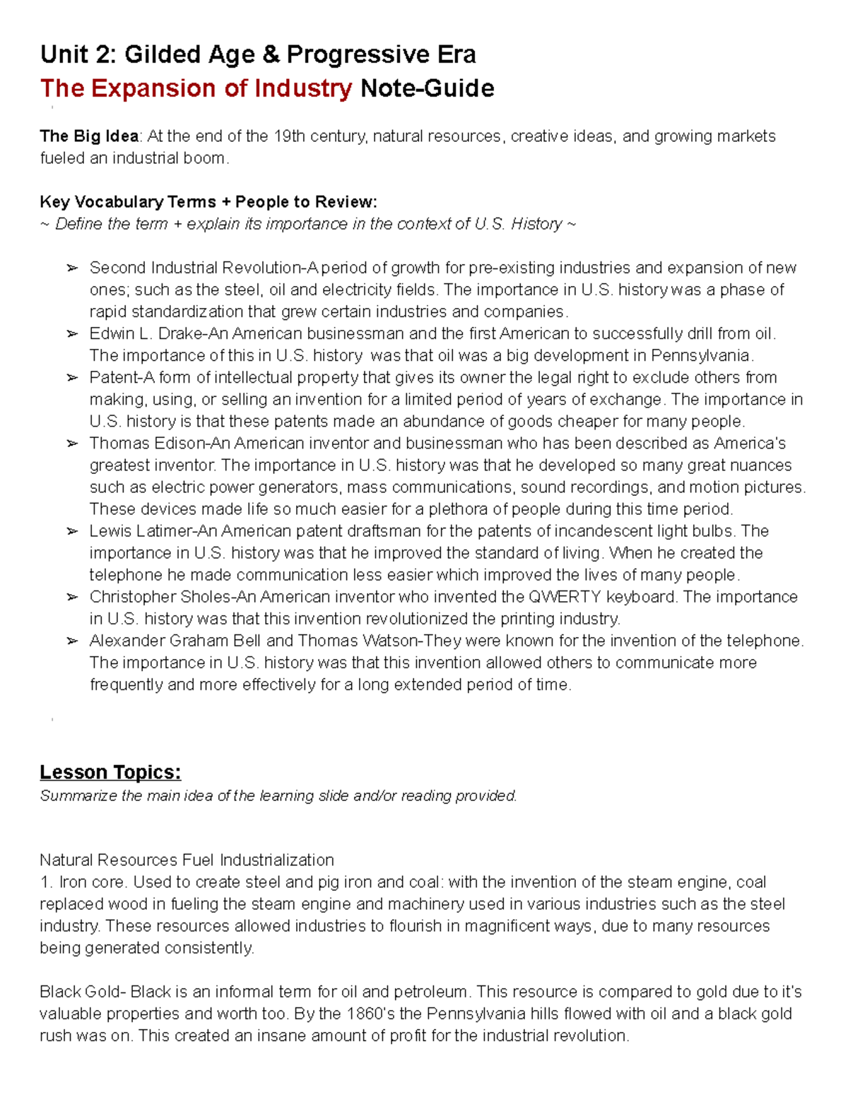 Copy of Day 9 The Expansion of Industry - Note Guide - Unit 2: Gilded ...