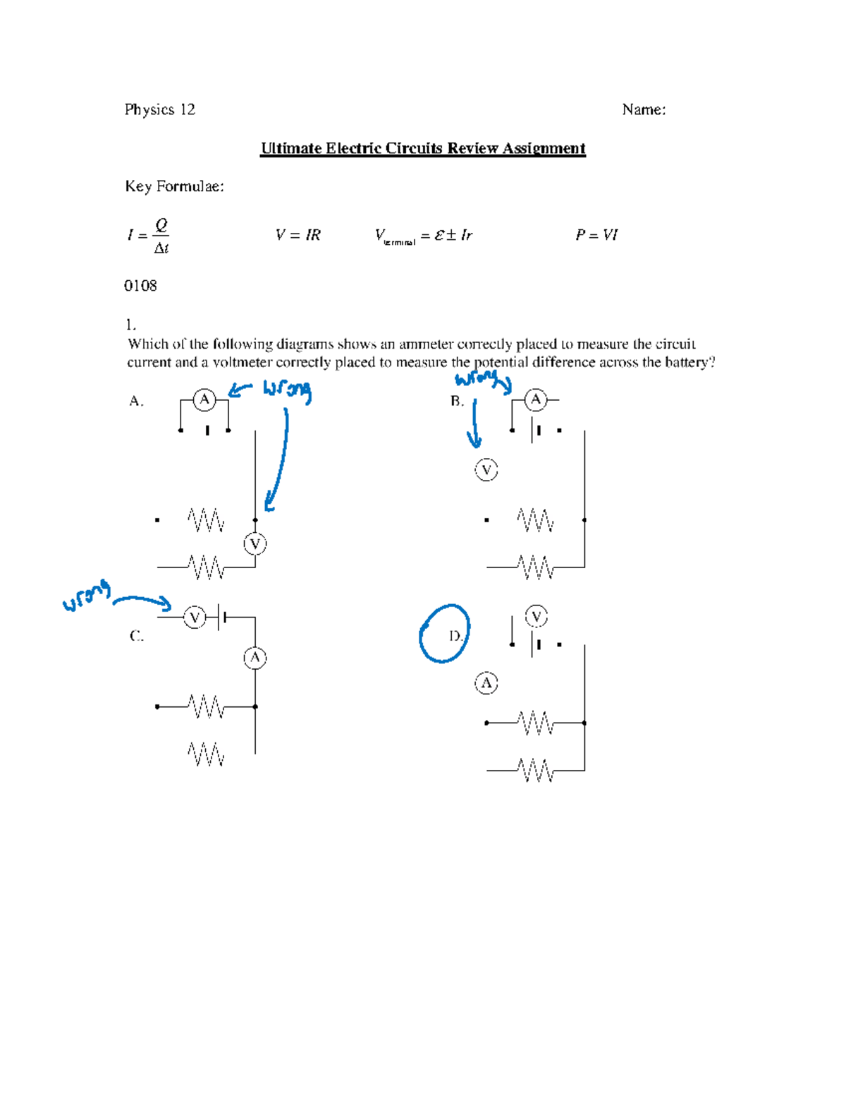 Ultimate Circuitry Reviewanswers - Physics 12 Name: Ultimate Electric ...