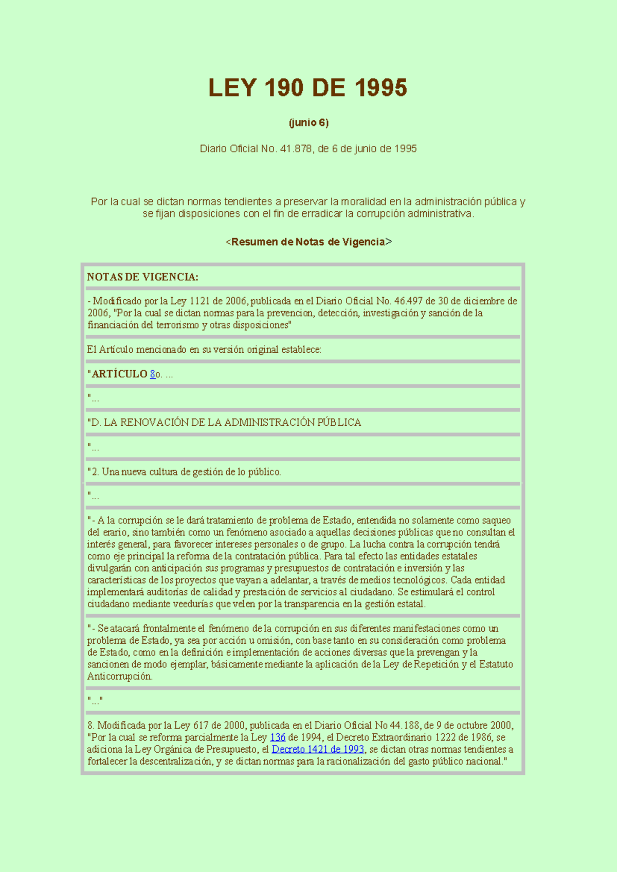 LEY 190 DE 1995 - Ley 190 de 995 - LEY 190 DE 1995 (junio 6) Diario ...