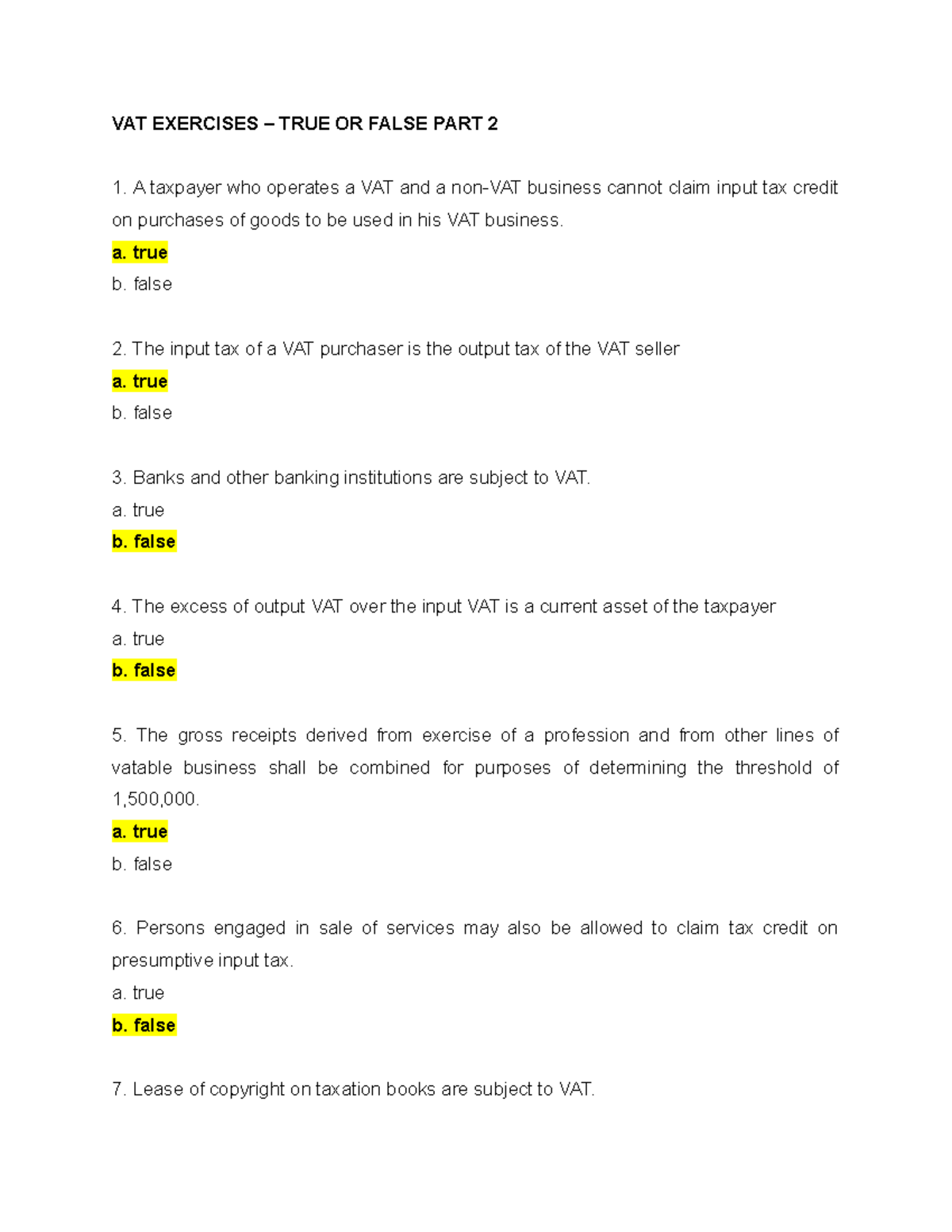 VAT Exercises – TRUE OR False PART 2 - VAT EXERCISES – TRUE OR FALSE ...