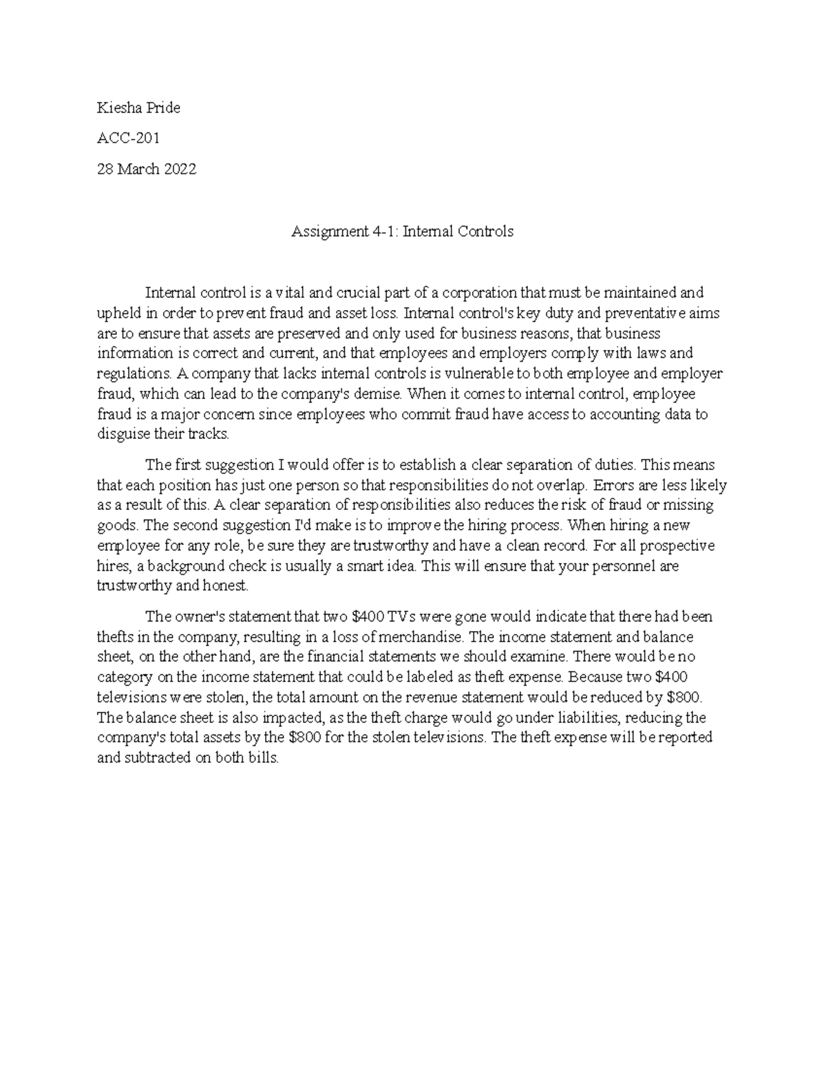 Internal controls 4-1 assignment - Kiesha Pride ACC- 28 March 2022 ...