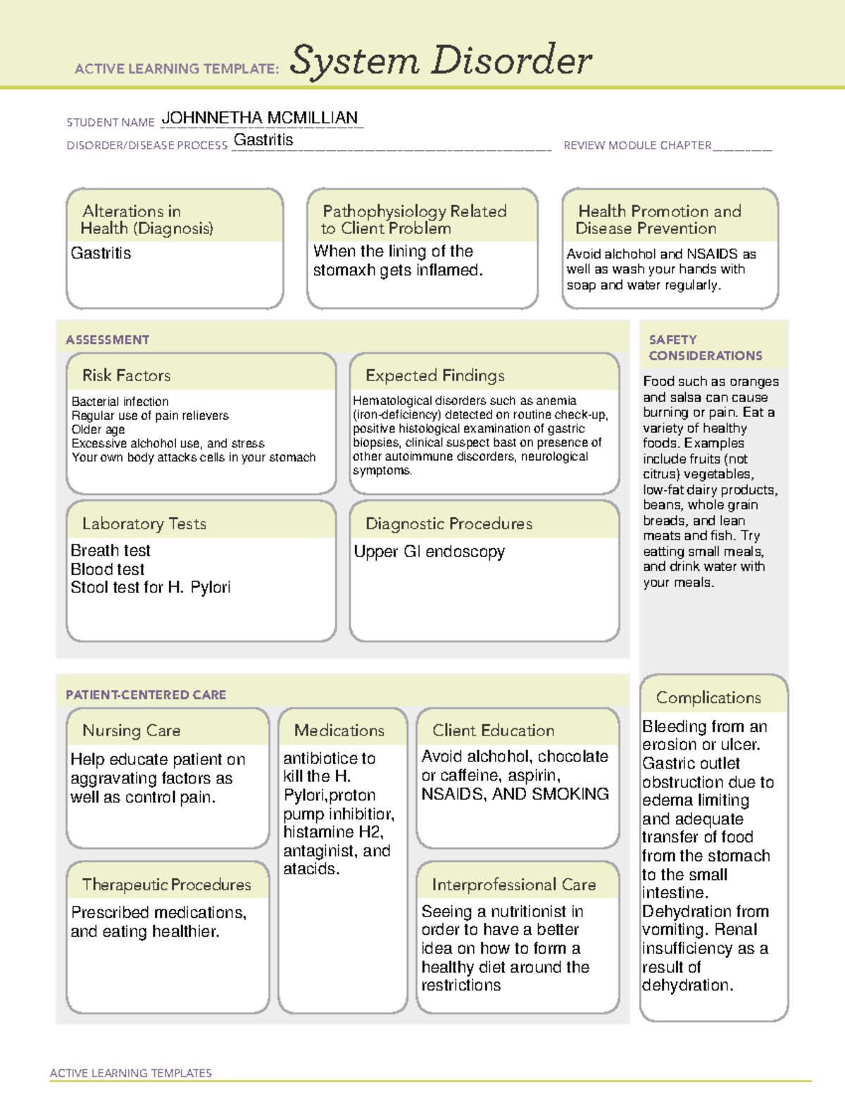 Jmcmillian gastritis 081222 - ACTIVE LEARNING TEMPLATES System Disorder ...