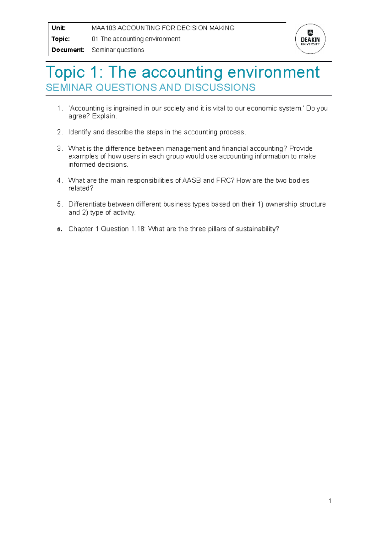 Week 1 Seminar questions - Unit: MAA103 ACCOUNTING FOR DECISION MAKING ...