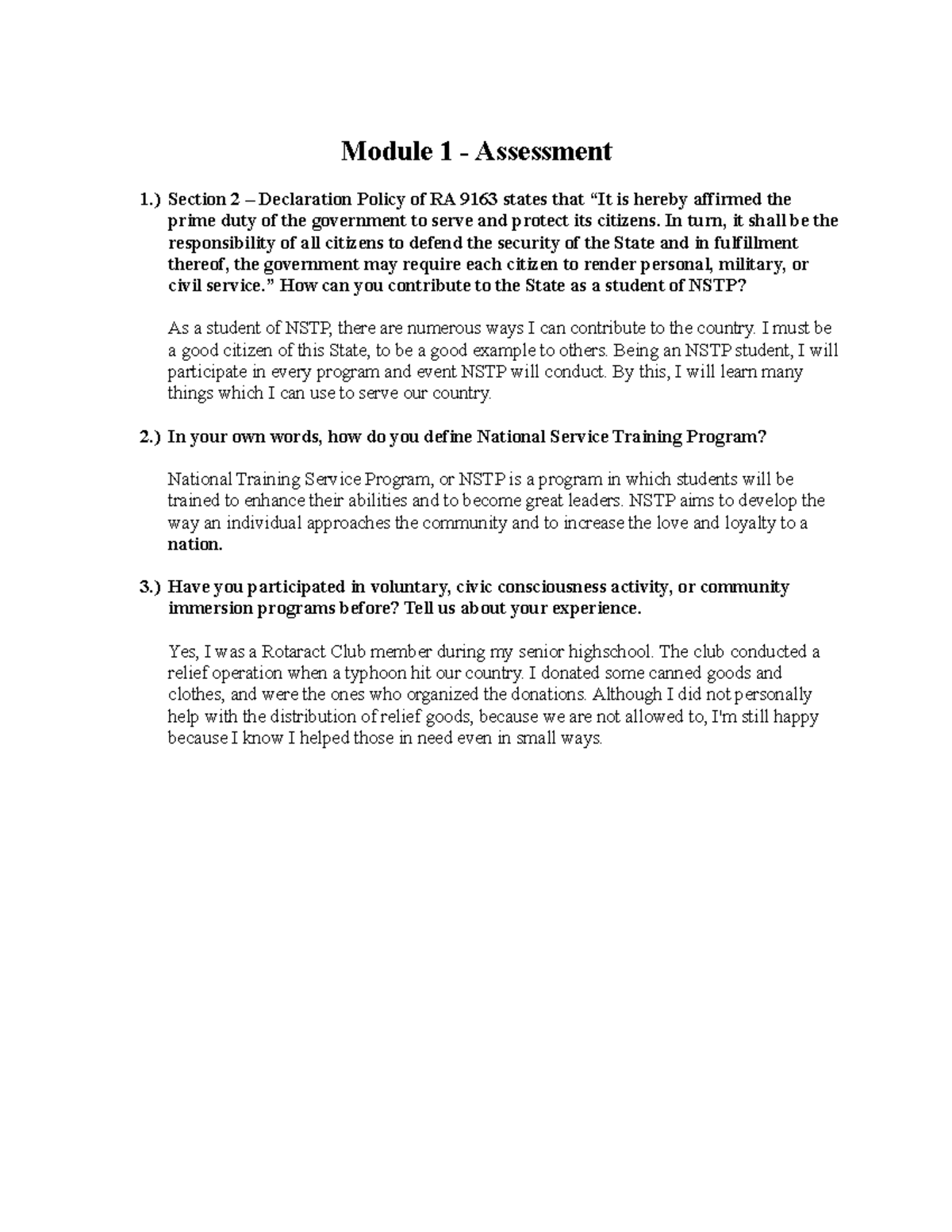 Module 1- Assessment ( Civic Welfare Training Service ) - Module 1 ...