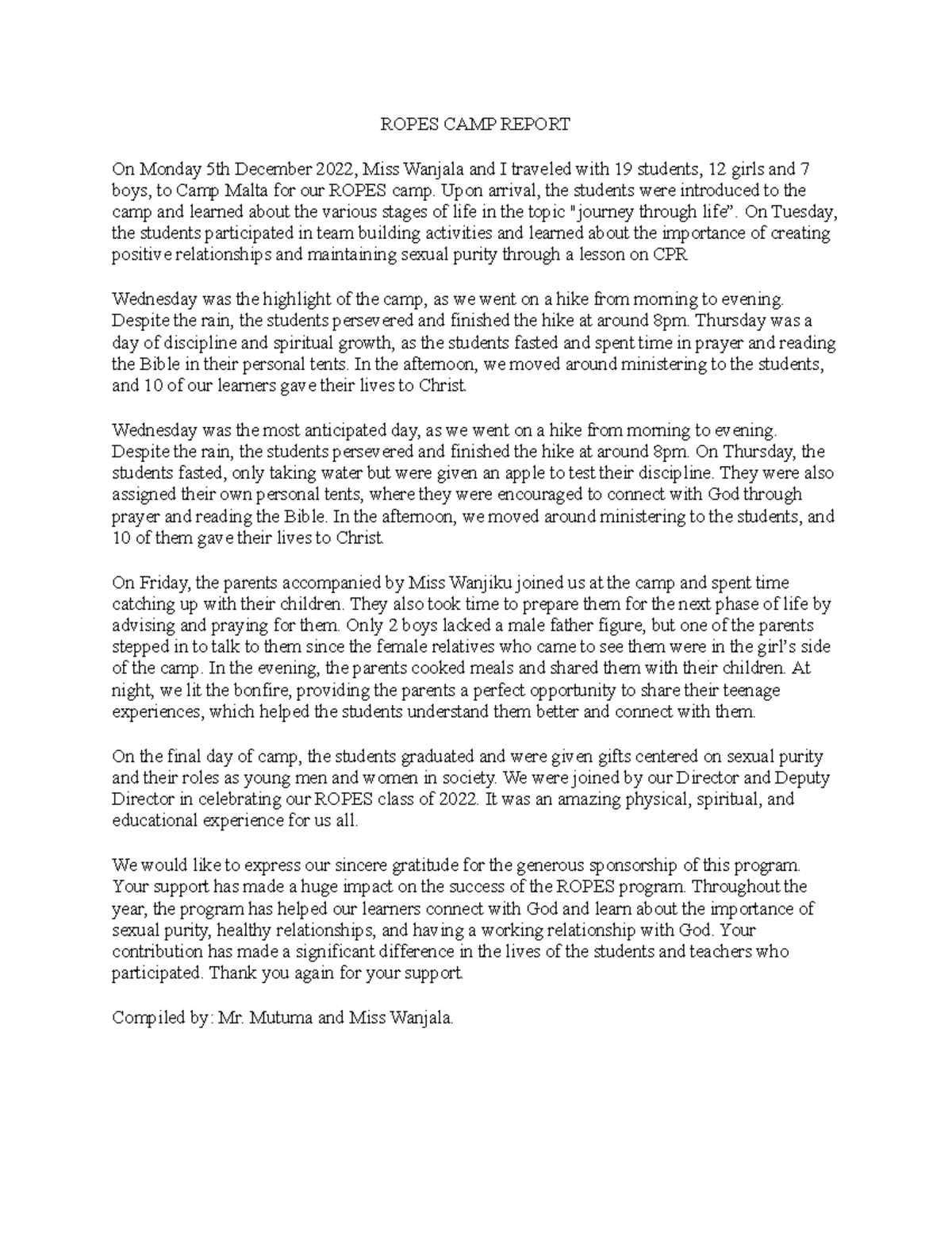 Ropes CAMP Report - ROPES CAMP REPORT On Monday 5th December 2022, Miss ...