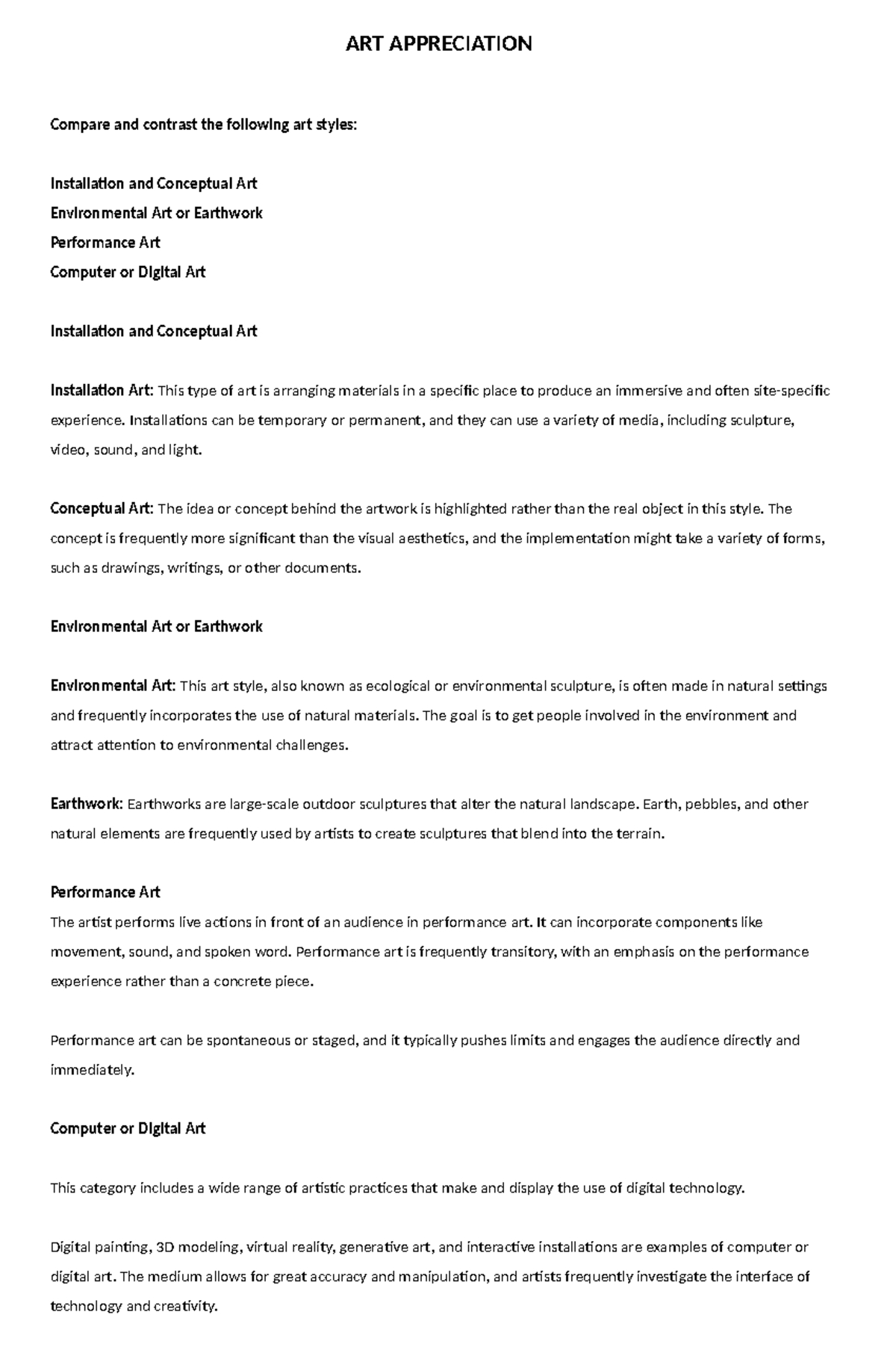 Art Appreciation Act 5 - NONE - ART APPRECIATION Compare and contrast ...