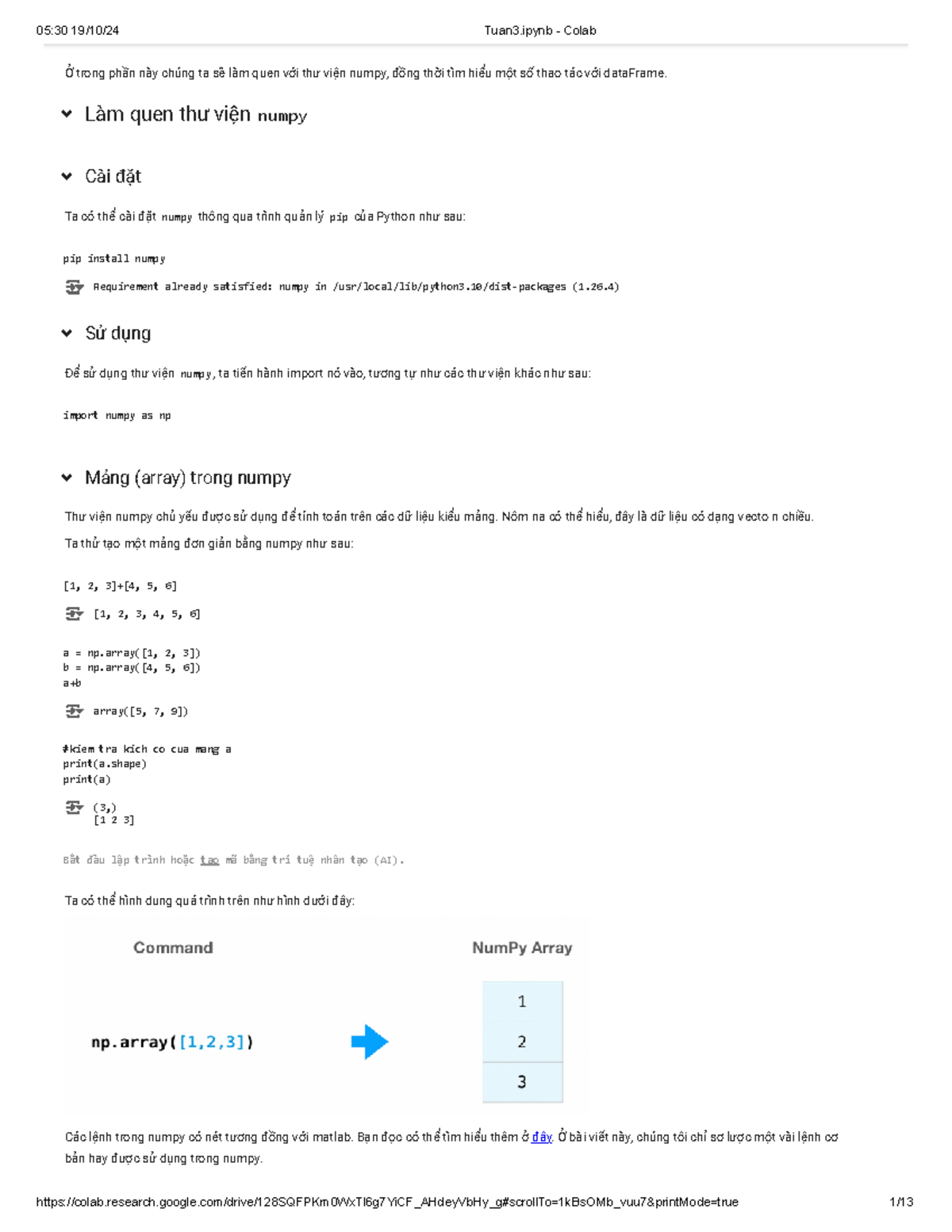 Tuan3.ipynb - Colab - Thầy Nhật - Ở trong phần này chúng ta sẽ làm quen với thư viện numpy, đồng ...