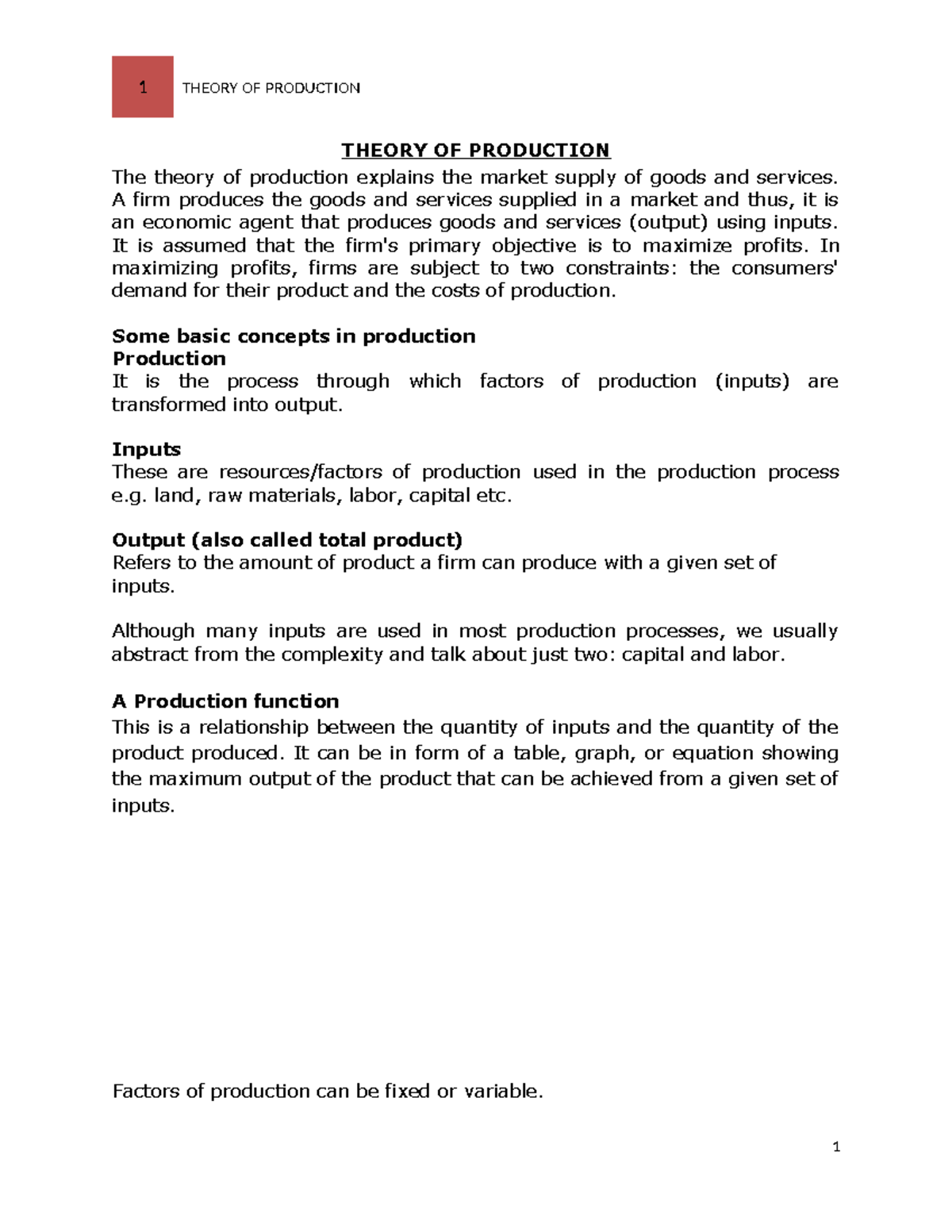 Production Costs - THEORY OF PRODUCTION The theory of production ...