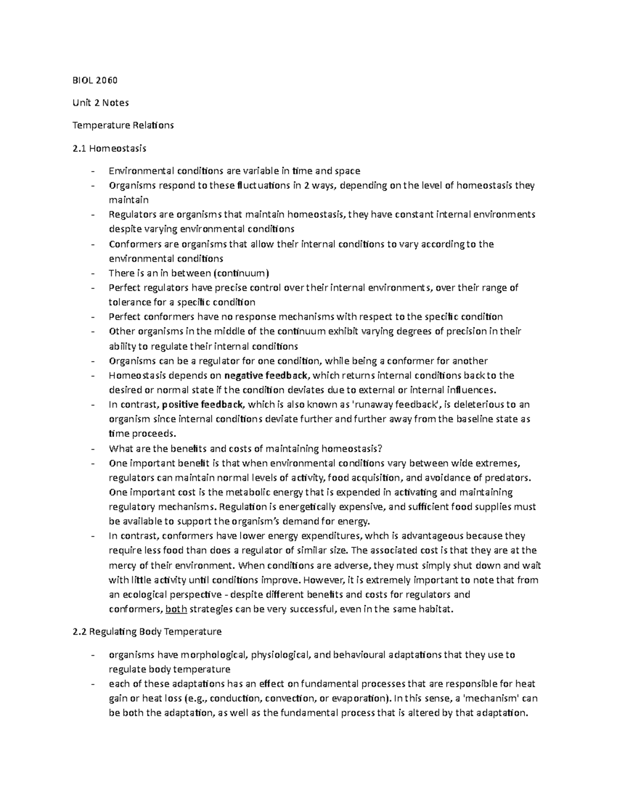 BIOL 2060 Unit 2 Notes - BIOL 2060 Unit 2 Notes Temperature Relaions 2 ...