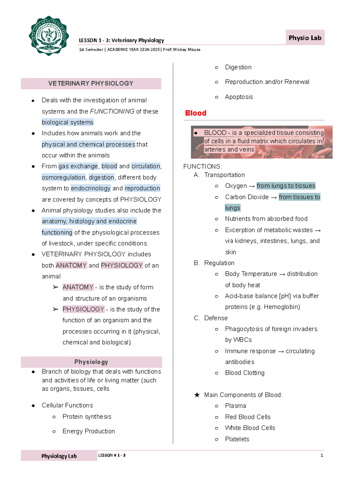 Physio LAB notes - asd - 1st Semester | ACADEMIC YEAR 2024-2025| Prof ...