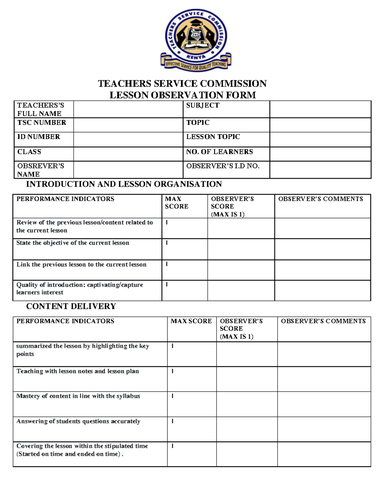 Tpad 2 lesson observation form - TEACHERS SERVICE COMMISSION LESSON ...