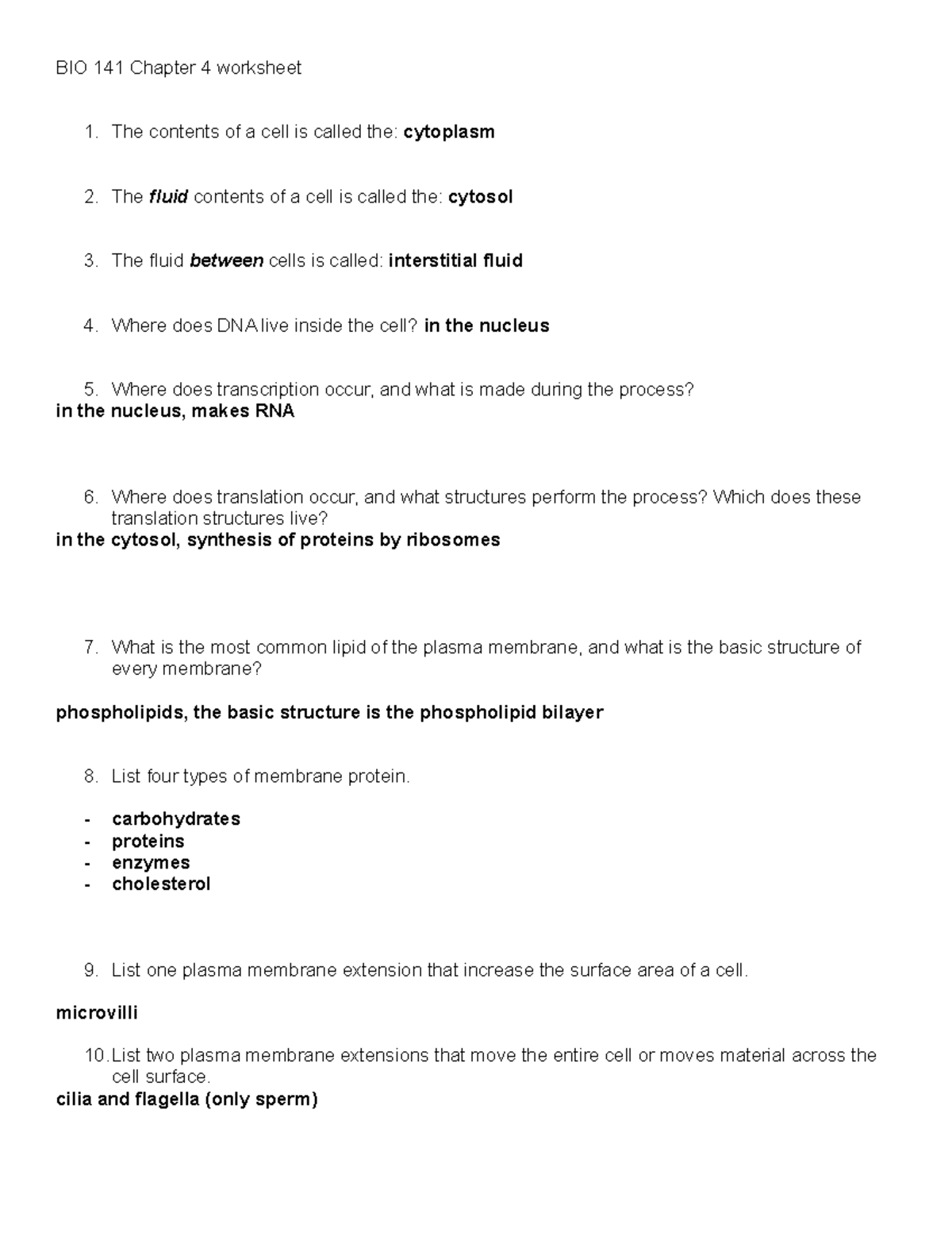 Chapter 4 Worksheet - BIO 141 Chapter 4 worksheet The contents of a ...
