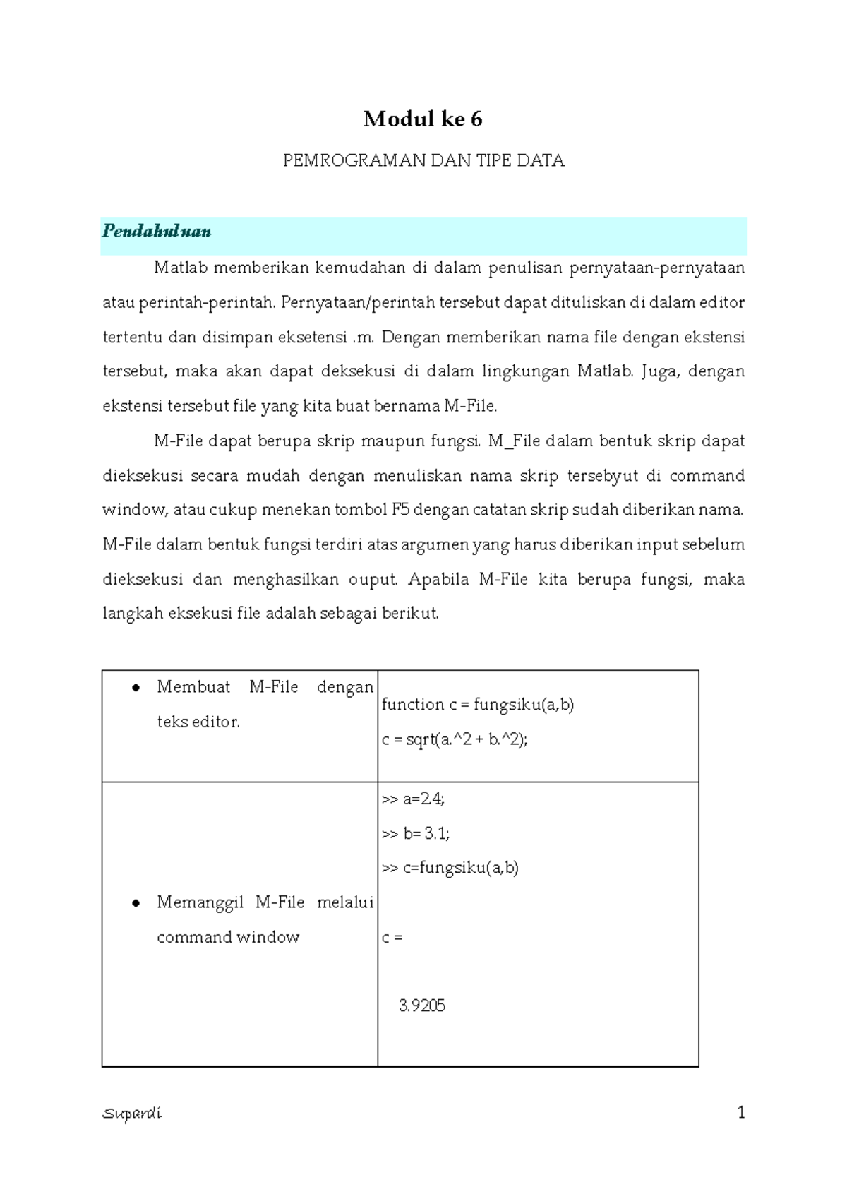 Modul ke 6 - Modul ke 6 PEMROGRAMAN DAN TIPE DATA Pendahuluan Matlab ...