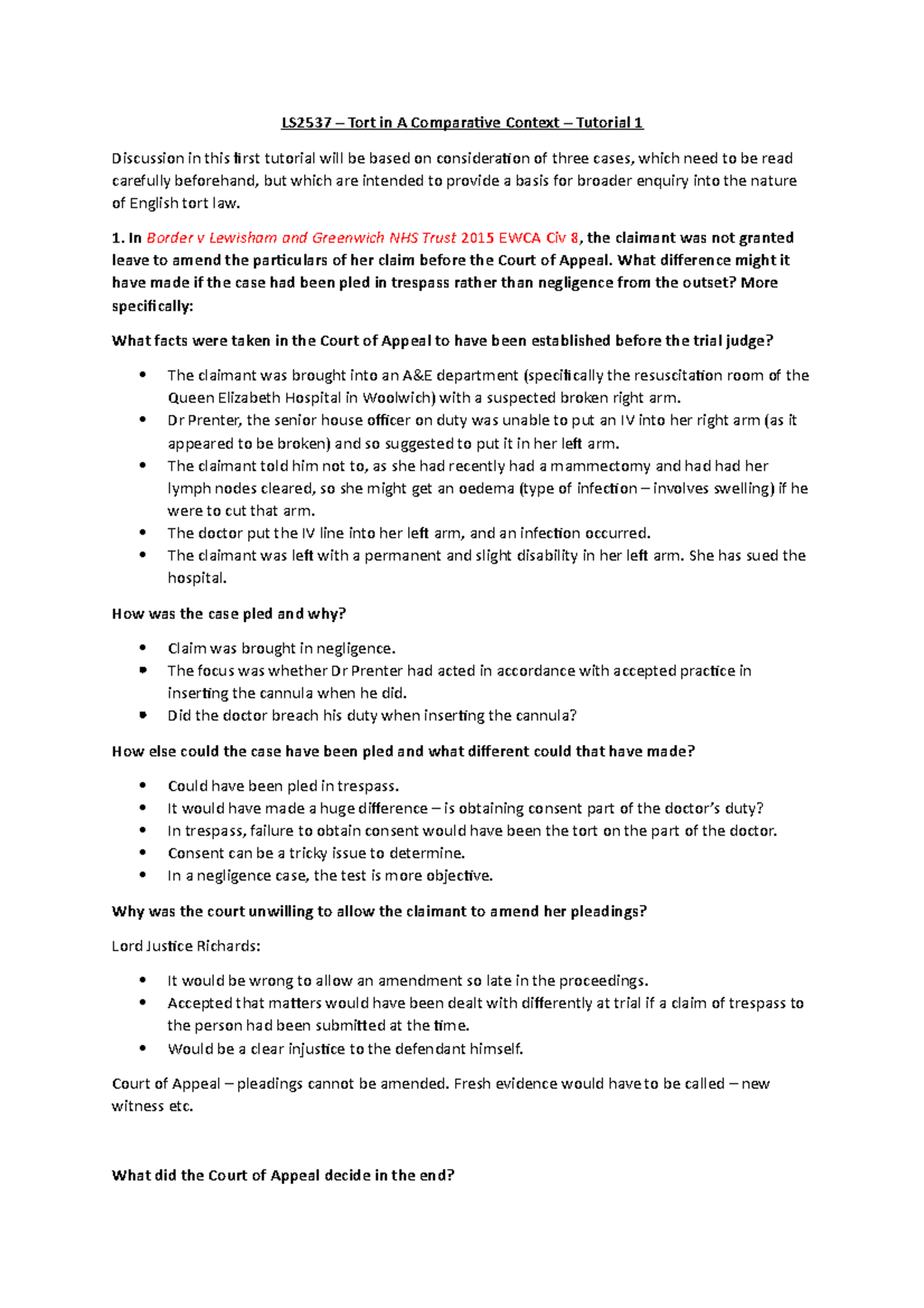 LS2537 Tort - Tutorial 1 - LS2537 – Tort in A Comparative Context – Tutorial 1 Discussion in ...