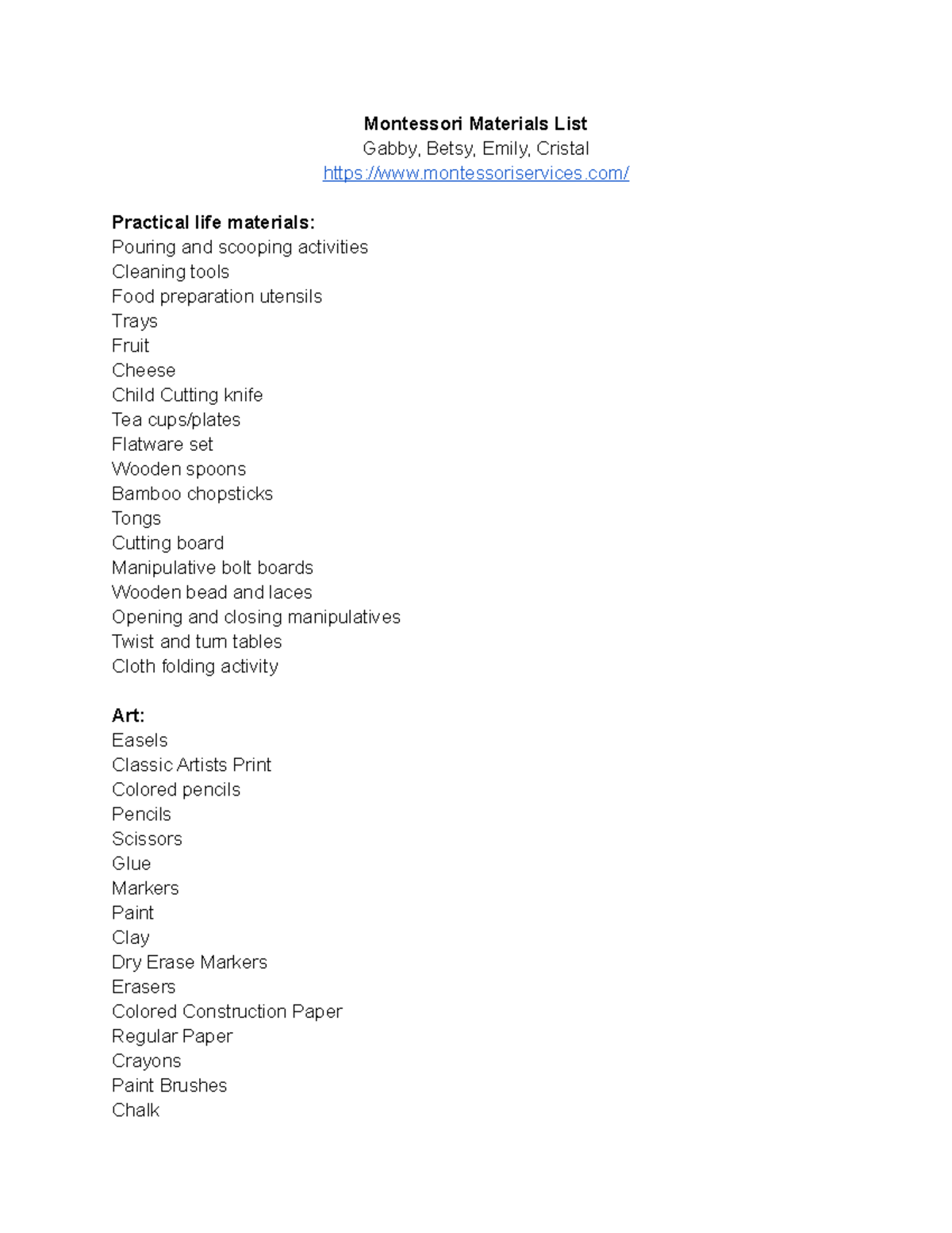 Montessori Materials List - Montessori Materials List Gabby, Betsy ...