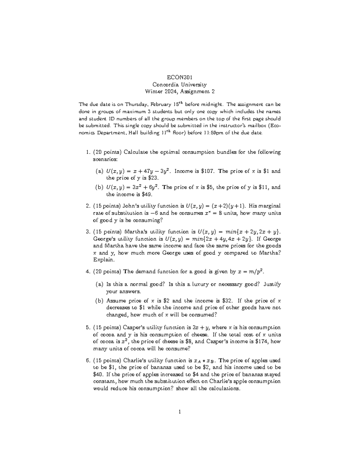 ECON301 Assignment 2 - ECON Concordia University Winter 2024 ...