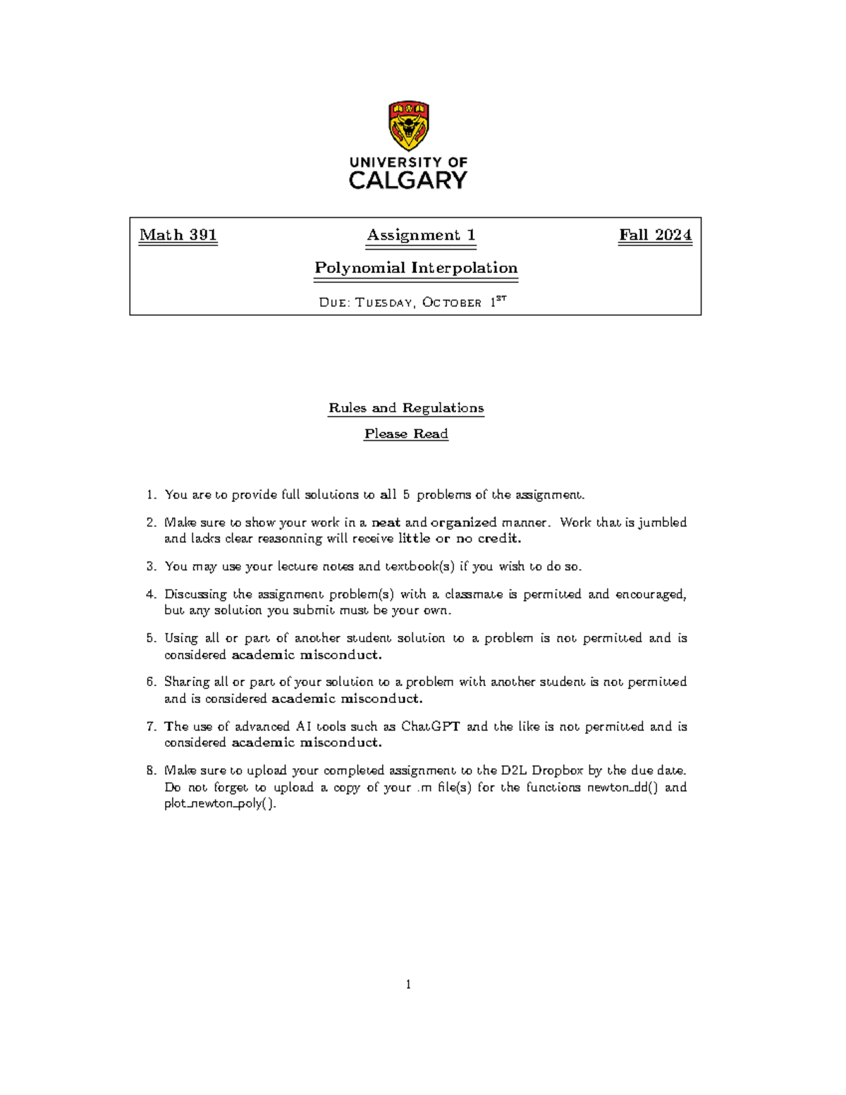 Assignment 1 - Polynomial Interpolation - Math 391 Assignment 1 Fall 2024 Polynomial ...