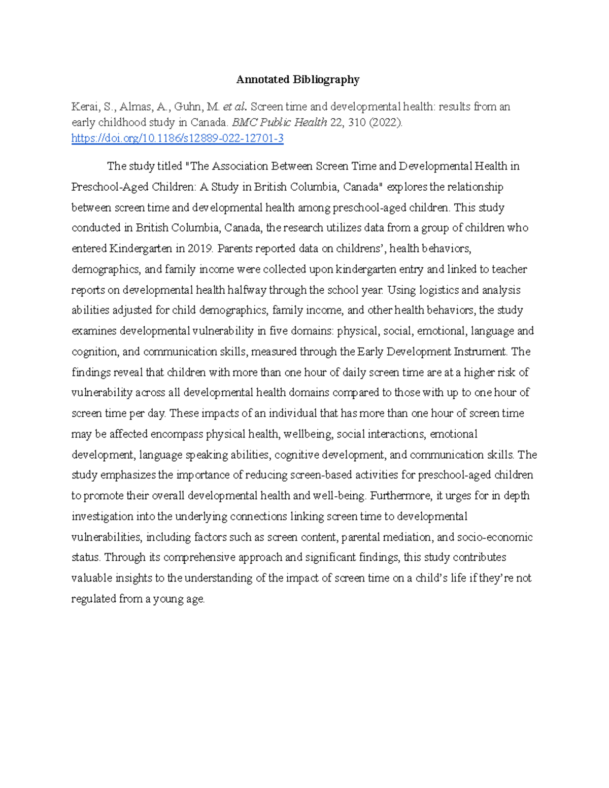 Annotated Bibliography - Annotated Bibliography Kerai, S., Almas, A ...