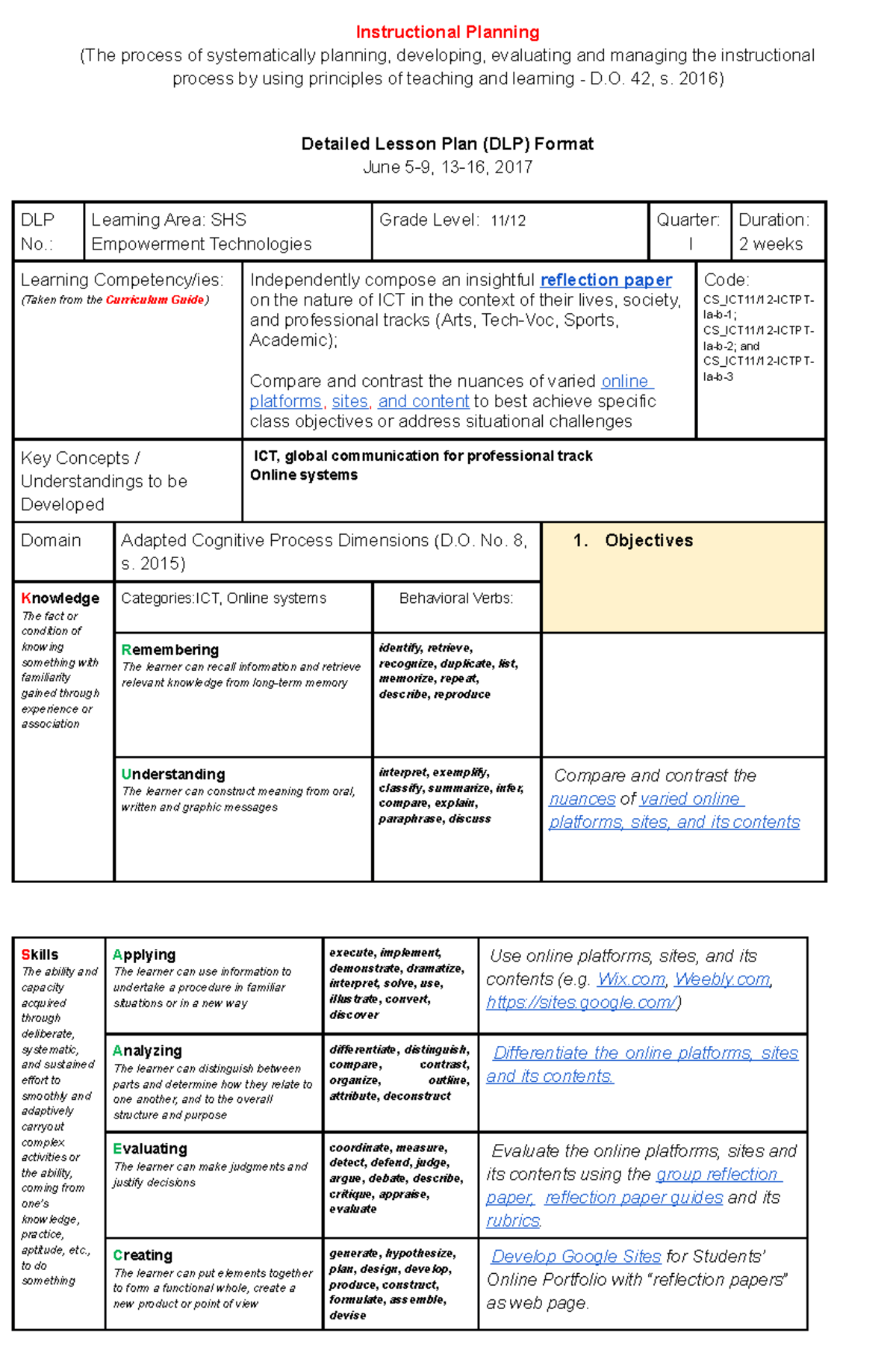 DLP Weeks 1 and 2 - Empowerment Technology Daily Lesson Plan ...