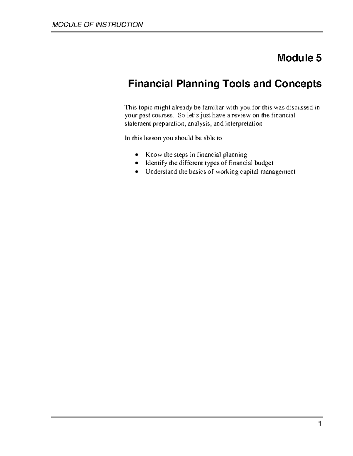 Week 007-Module Sources of Funds I - MODULE OF INSTRUCTION Module 5 ...