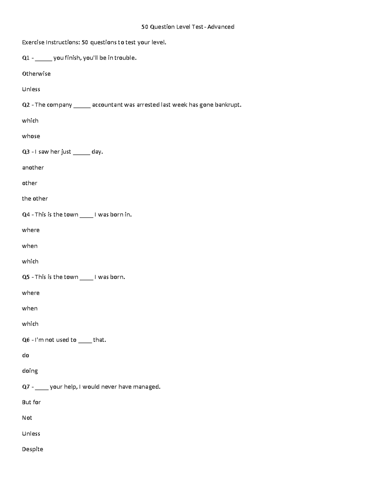 English grammar new file - 50 Question Level Test- Advanced Exercise ...