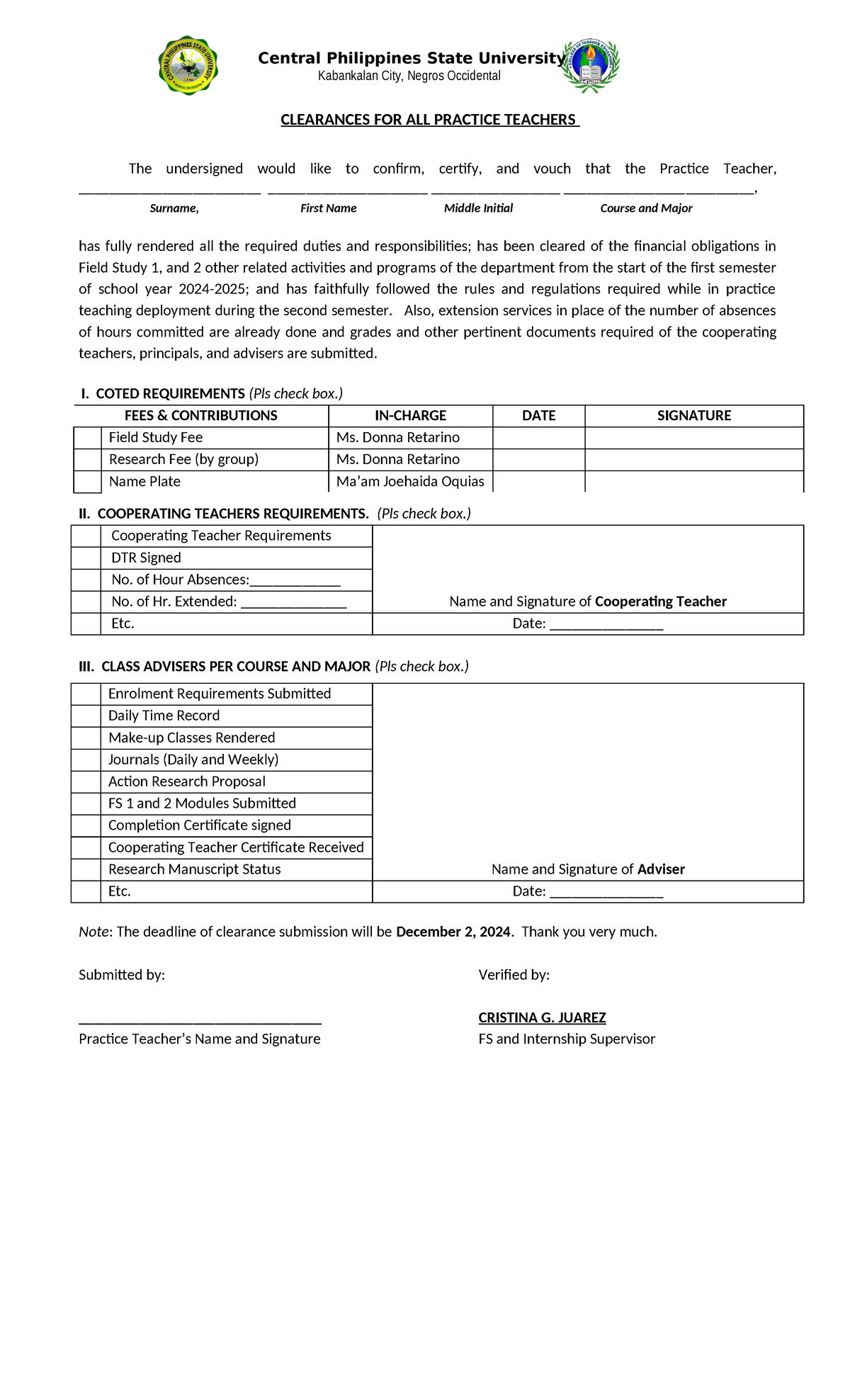 Clearances FOR ALL Practice Teachers 2025 - Surname, First Name Middle ...