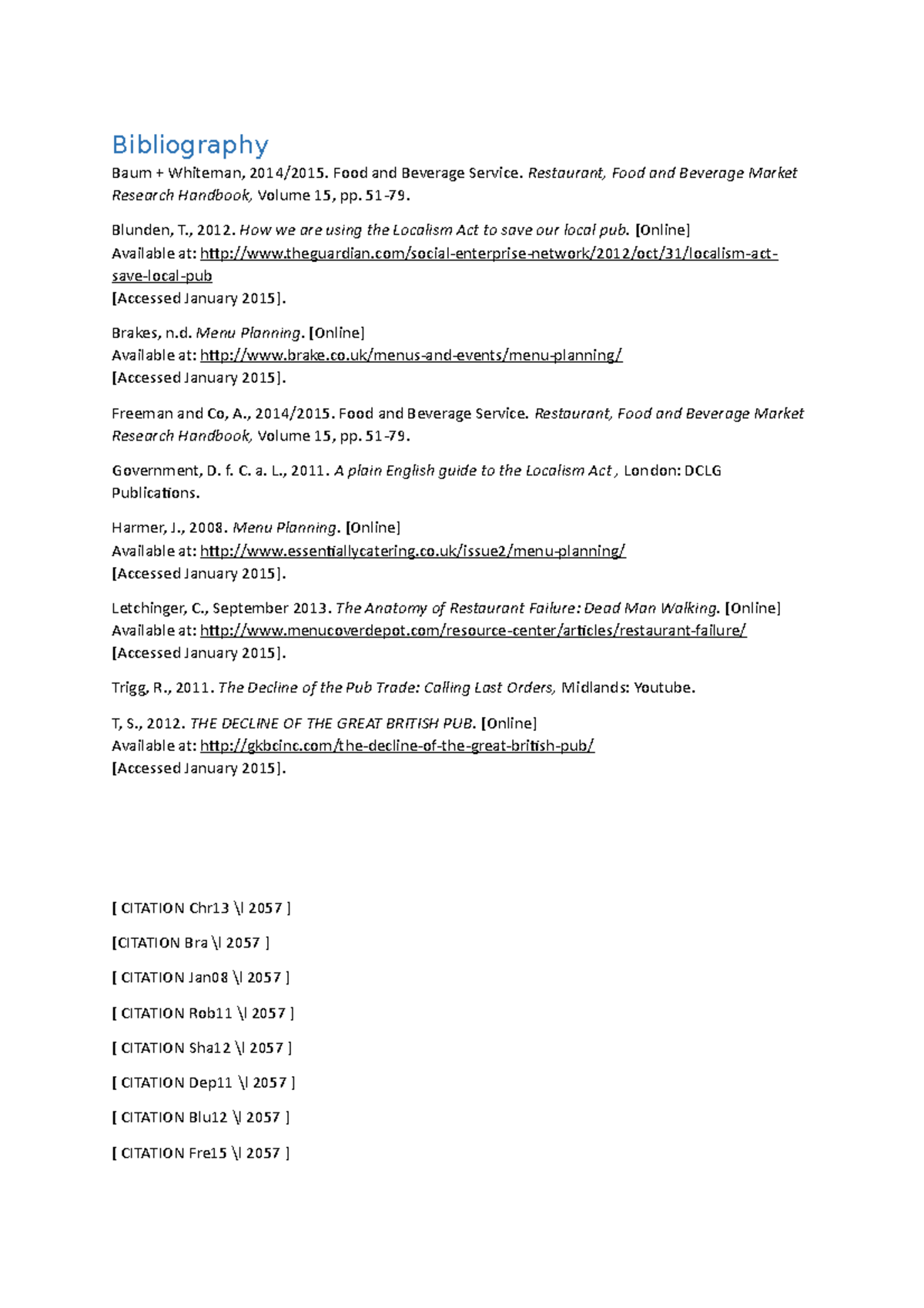 Hospitality exam references - Bibliography Baum + Whiteman, 2014/2015 ...