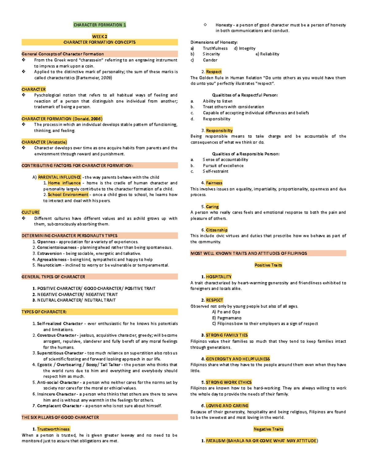 Character Formation 1 Reviewer - CHARACTER FORMATION 1 WEEK 2 CHARACTER ...