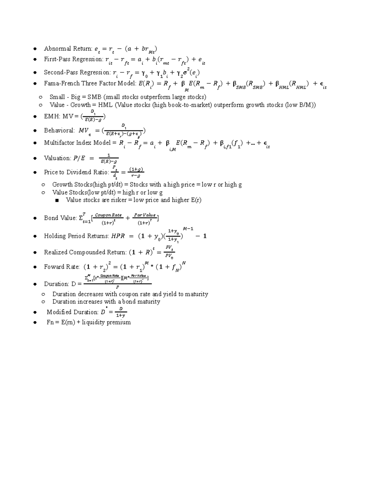 Copy of Cheat Sheet Exam 2 - Abnormal Return: 𝑒𝑡 = 𝑟𝑡 − (𝑎 + 𝑏𝑟𝑀𝑡 ...