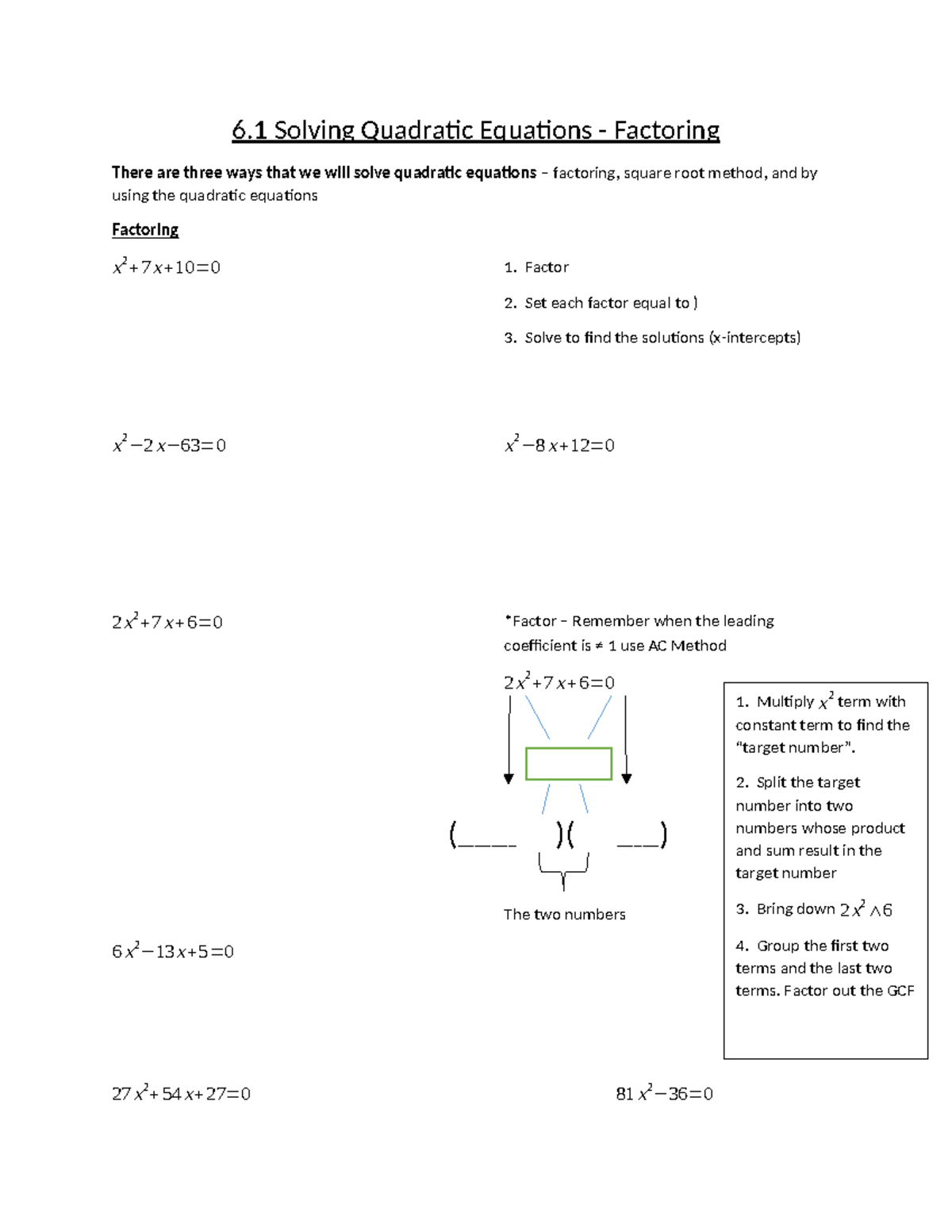 Quadratics updated 2 - haha - 6 Solving Quadratic Equations - Factoring ...