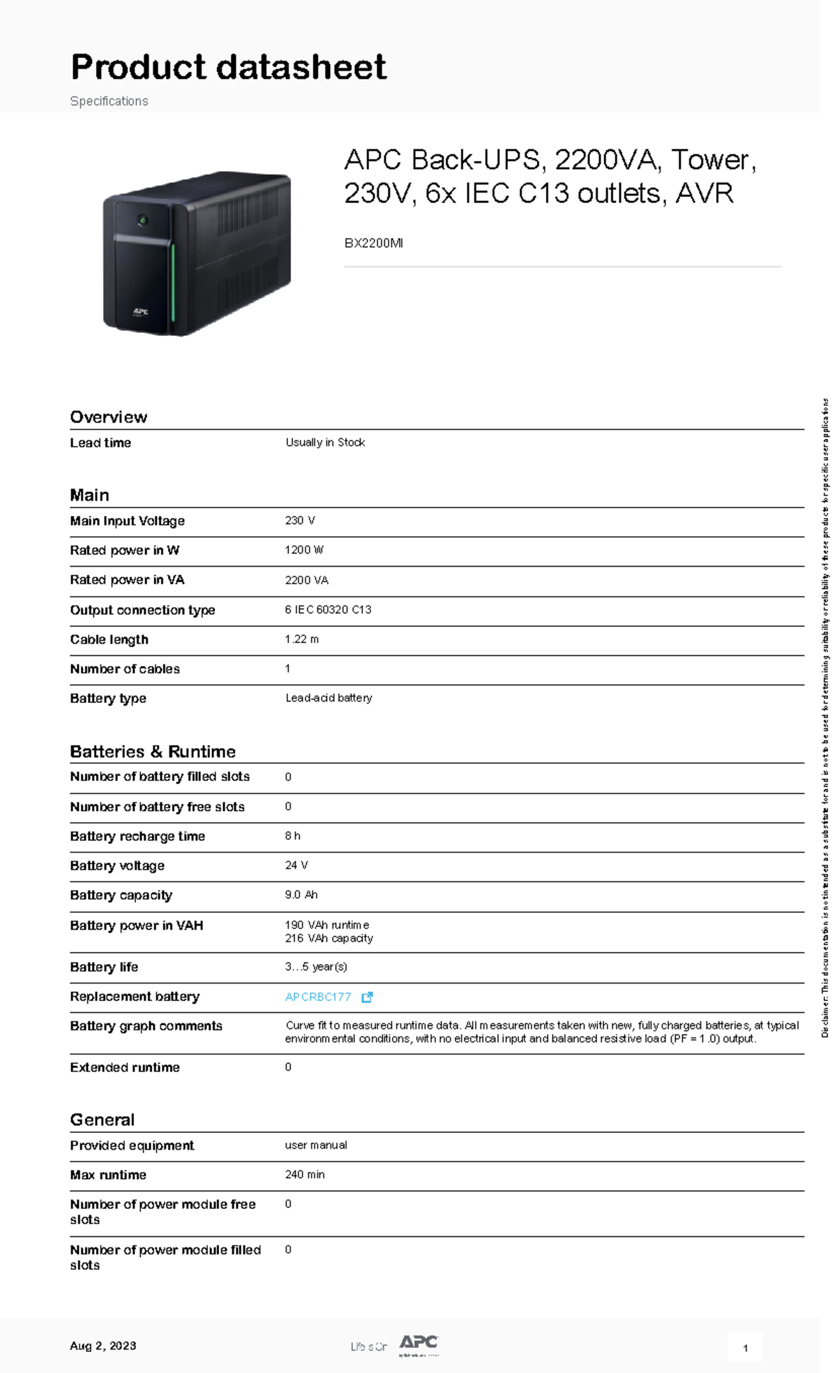 Back-UPS BX2200MI - amazing - Product datasheet Specifications APC Back ...