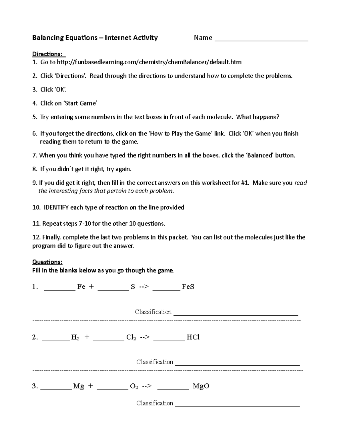 Balancing Equations internet activity - Balancing Equations – Internet ...