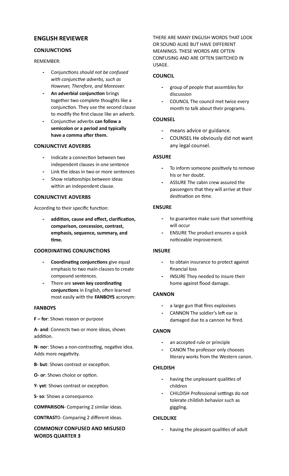 English Reviewer 3rd quarter - ENGLISH REVIEWER CONJUNCTIONS REMEMBER ...