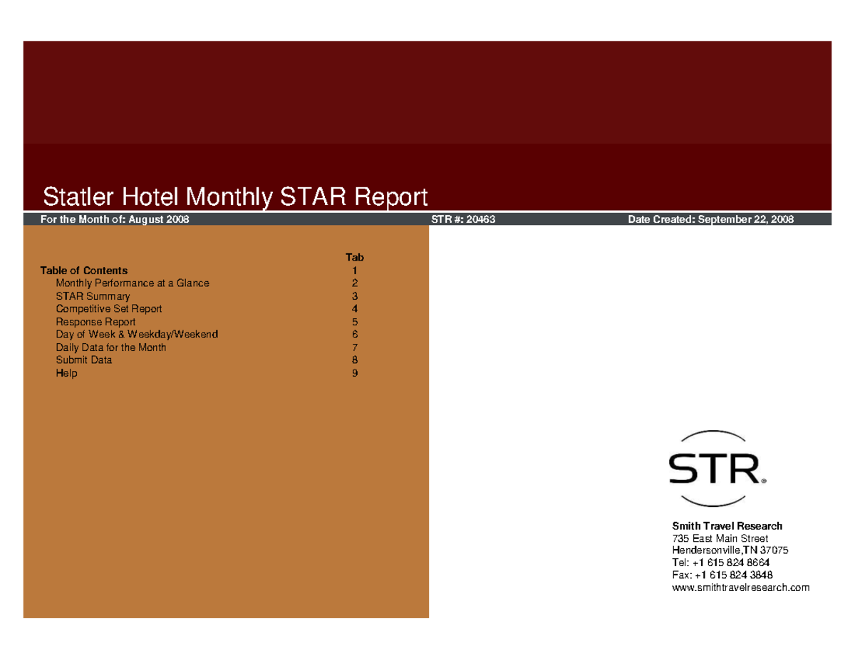 Monthly STAR Report Statler Hotel - HADM 1105 - StuDocu