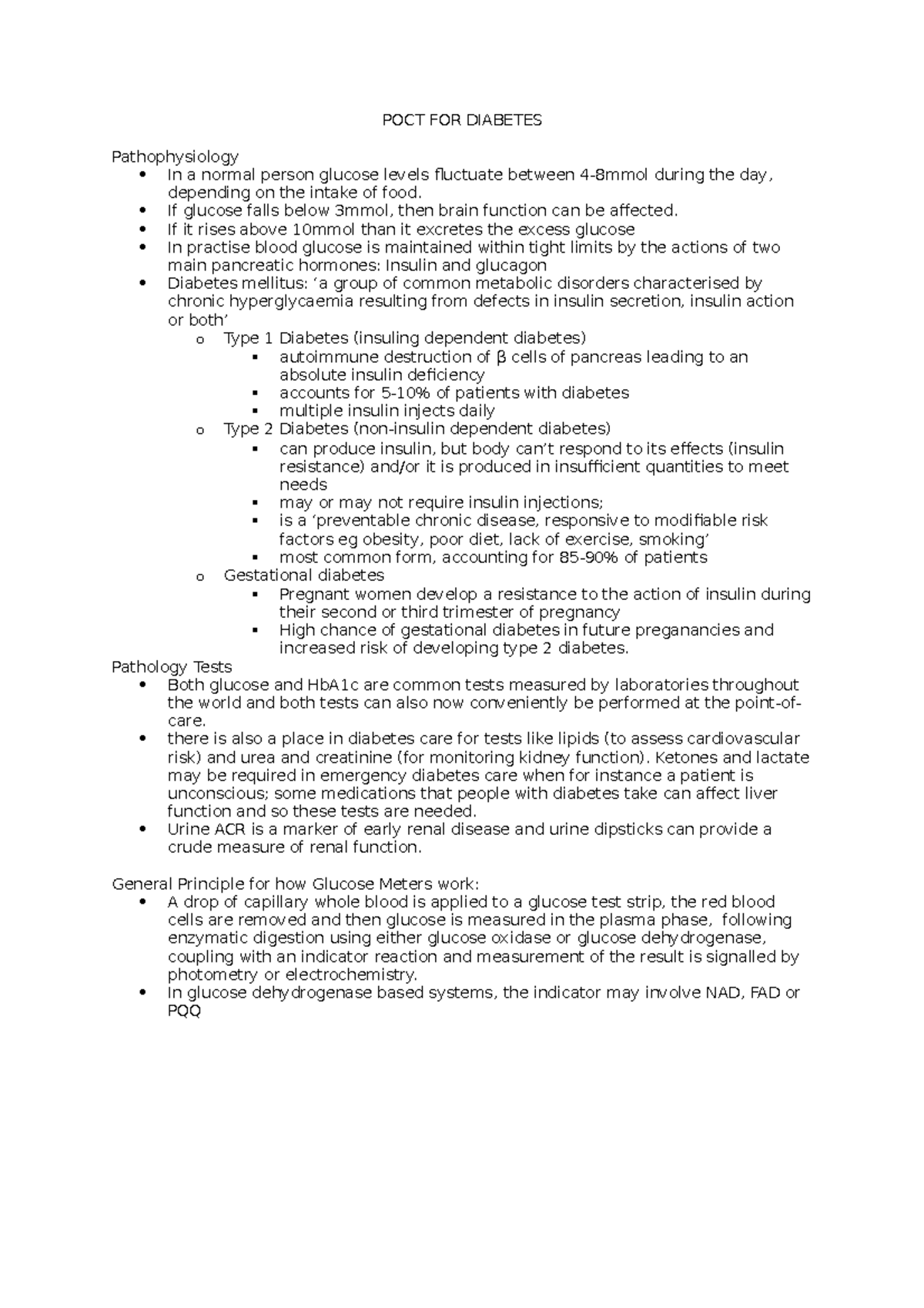 POCT FOR Diabetes - Lecture notes 4 - POCT FOR DIABETES Pathophysiology ...