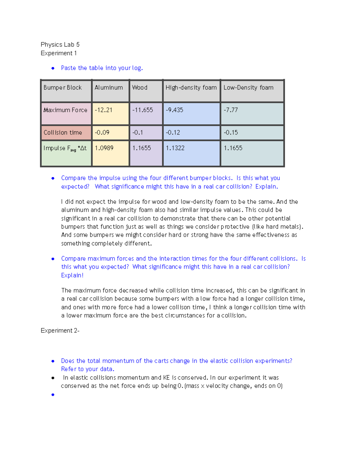 Physics Lab 5 Spring 2022 - Physics Lab 5 Experiment 1 Paste the table ...