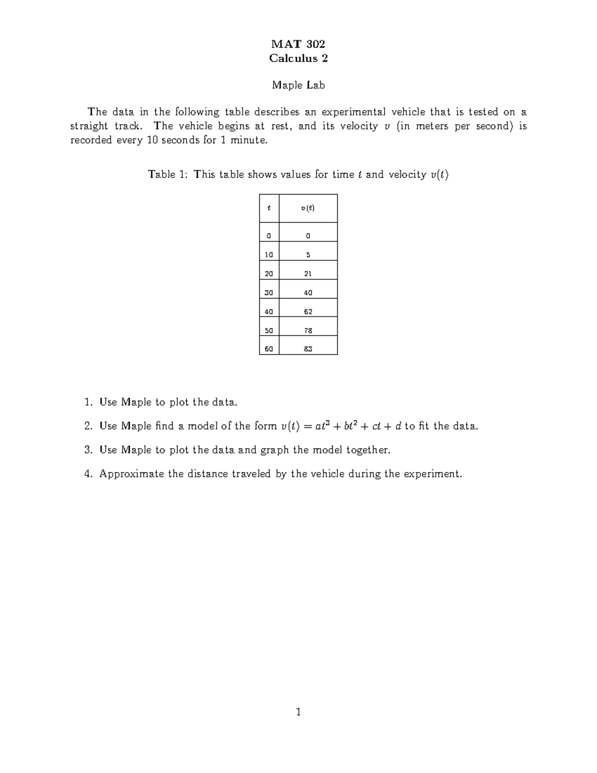 Calc2Maple FTC - home work - MAT 302 Calculus 2 Maple Lab The data in the following table ...
