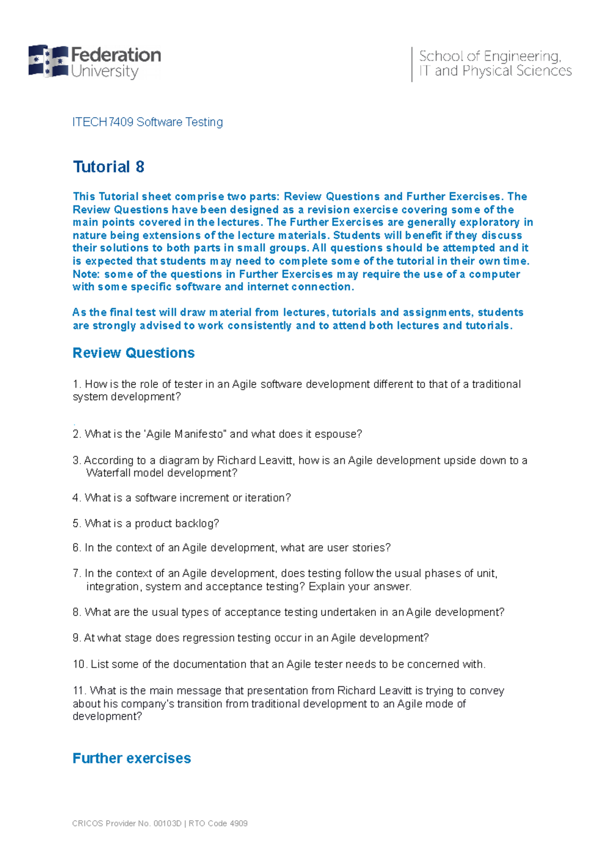 ITECH7409 Tutorial 08 - good - ITECH7409 Software Testing Tutorial 8 ...