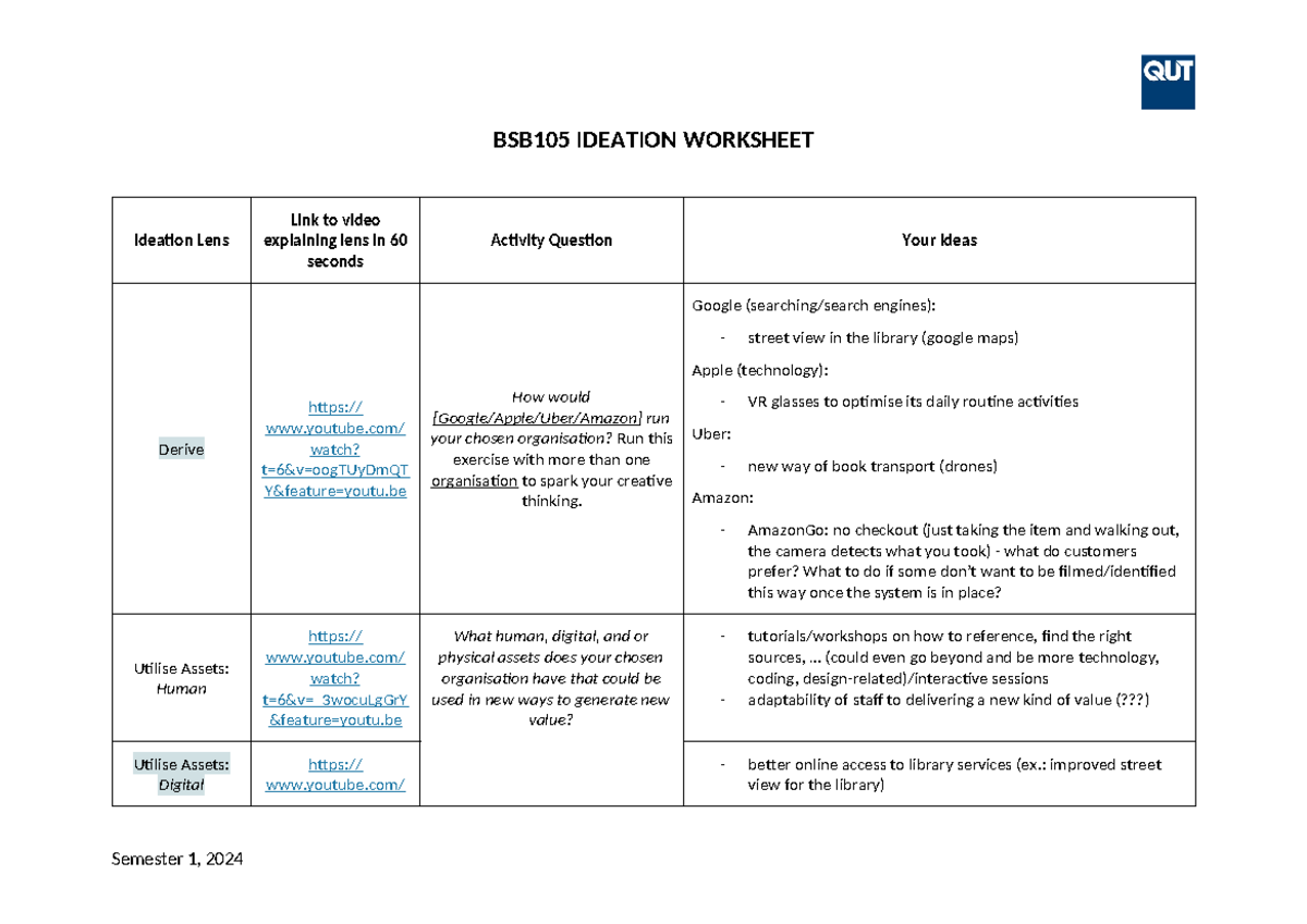 Ideation worksheet 2024 - BSB105 IDEATION WORKSHEET Ideation Lens Link ...
